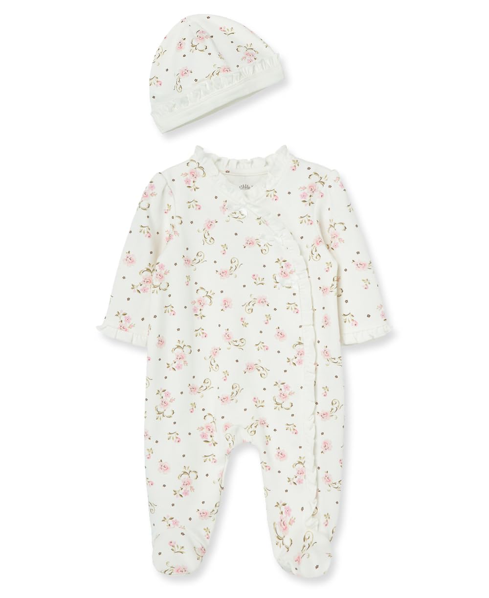 Little Me Baby Clothes & Outfits - Girls One Piece Hat & Footed Sleeper Pajamas - 3 Months, Ivory Rose