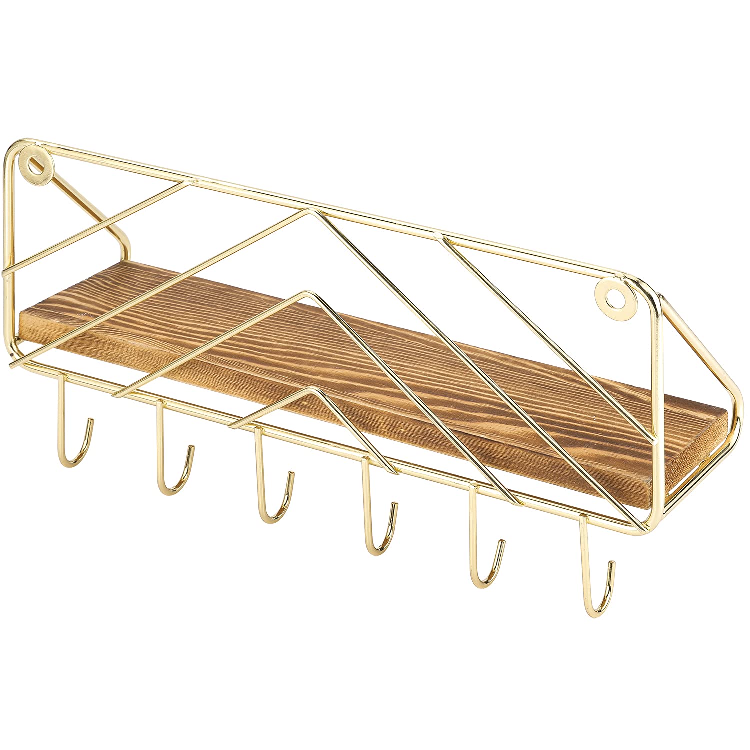MyGift 12.4 Inch Brass Wall Key Holder Organizer Rack, Decorative Wall-Mounted Entryway Floating Wood Shelf with 6 Key Hooks