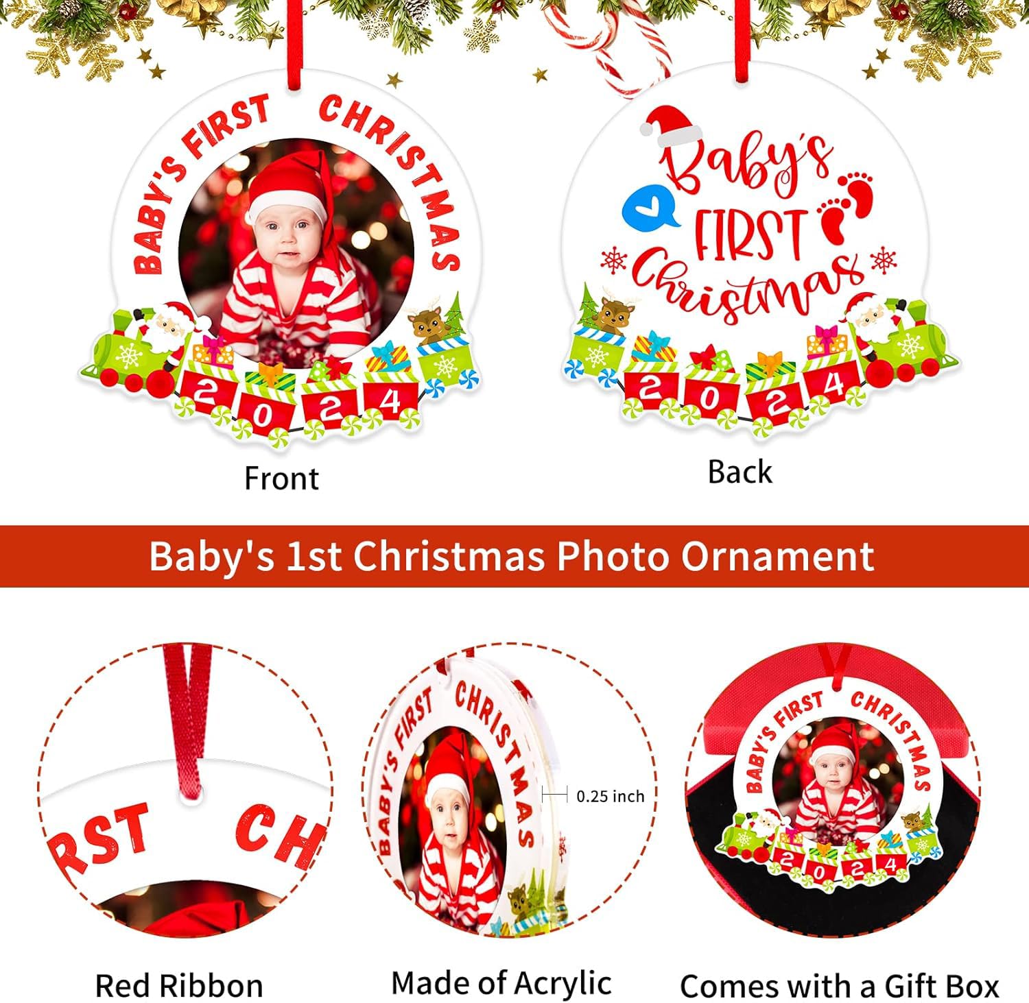FaCraft Picture Frame Babys First Christmas Ornament 2024,1.77"x1.97" Photo Frame Baby's First Christmas Ornament 1st Train Personalized Baby Ornament Tree Decorations for Baby Boy Girl New Born
