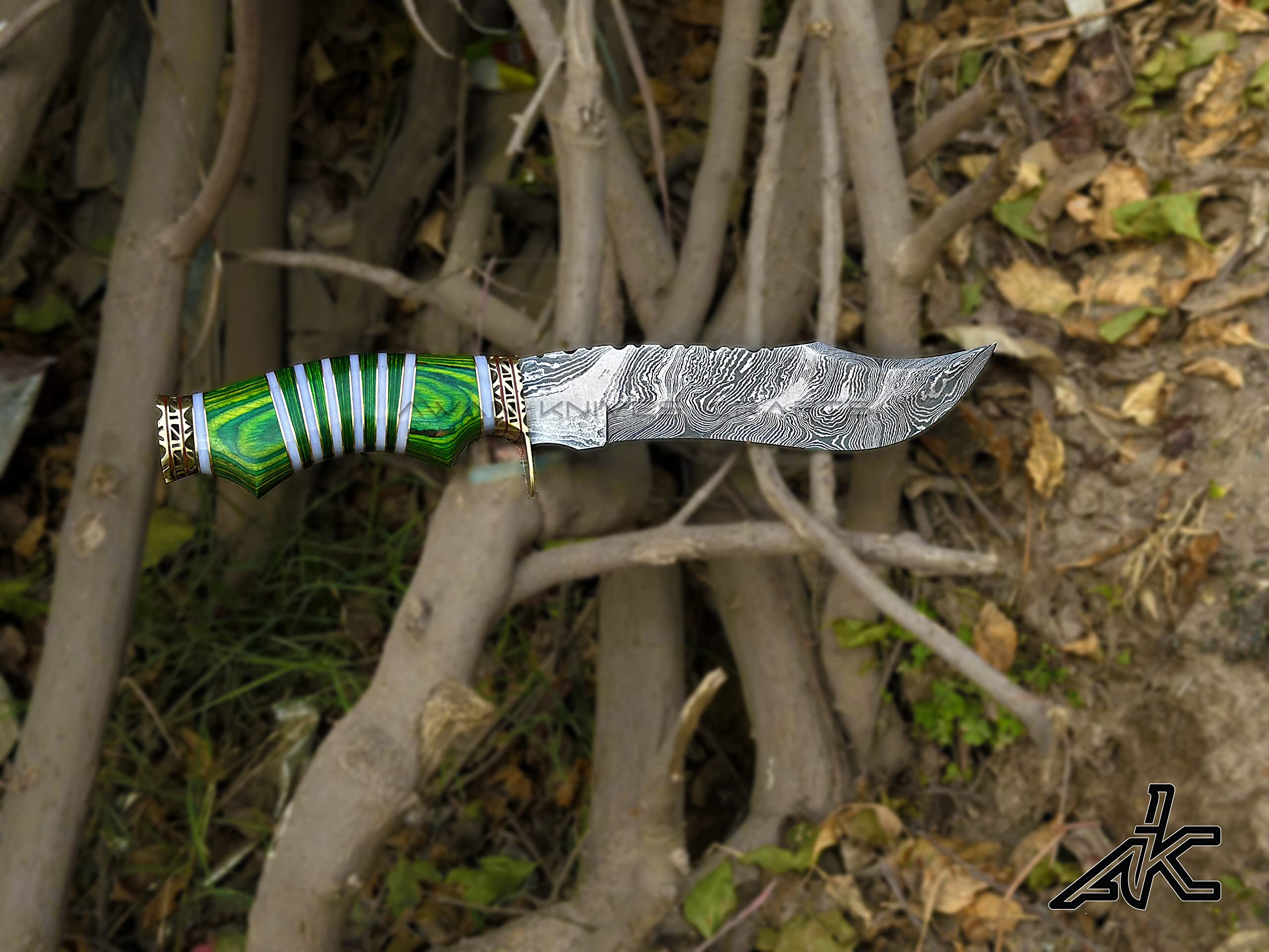 Awan Knives Crafts - 12" Handmade Damascus Hunting Knife with Sheath - Unique Fixed Blade Knife for Men - Exotic Wood Handle - Choose Your Color (Green)