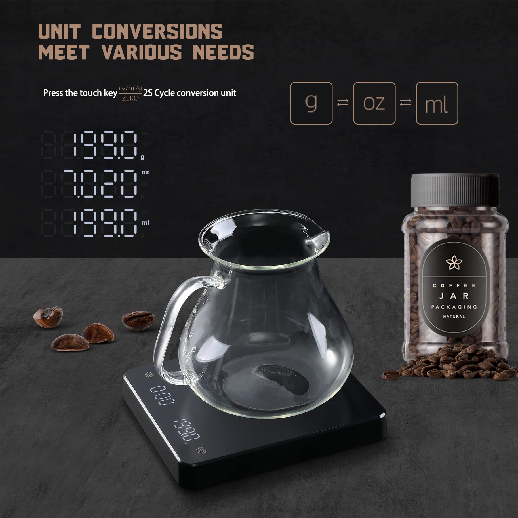 Ataller Auto Timing Coffee Scale, USB Rechargeable Digital Coffee Scale, Electronic Espresso Scale, Drip Coffee Scale, Kitchen with Timer Scale, Graduation 0.1g, Max 3000g, Upgraded Version