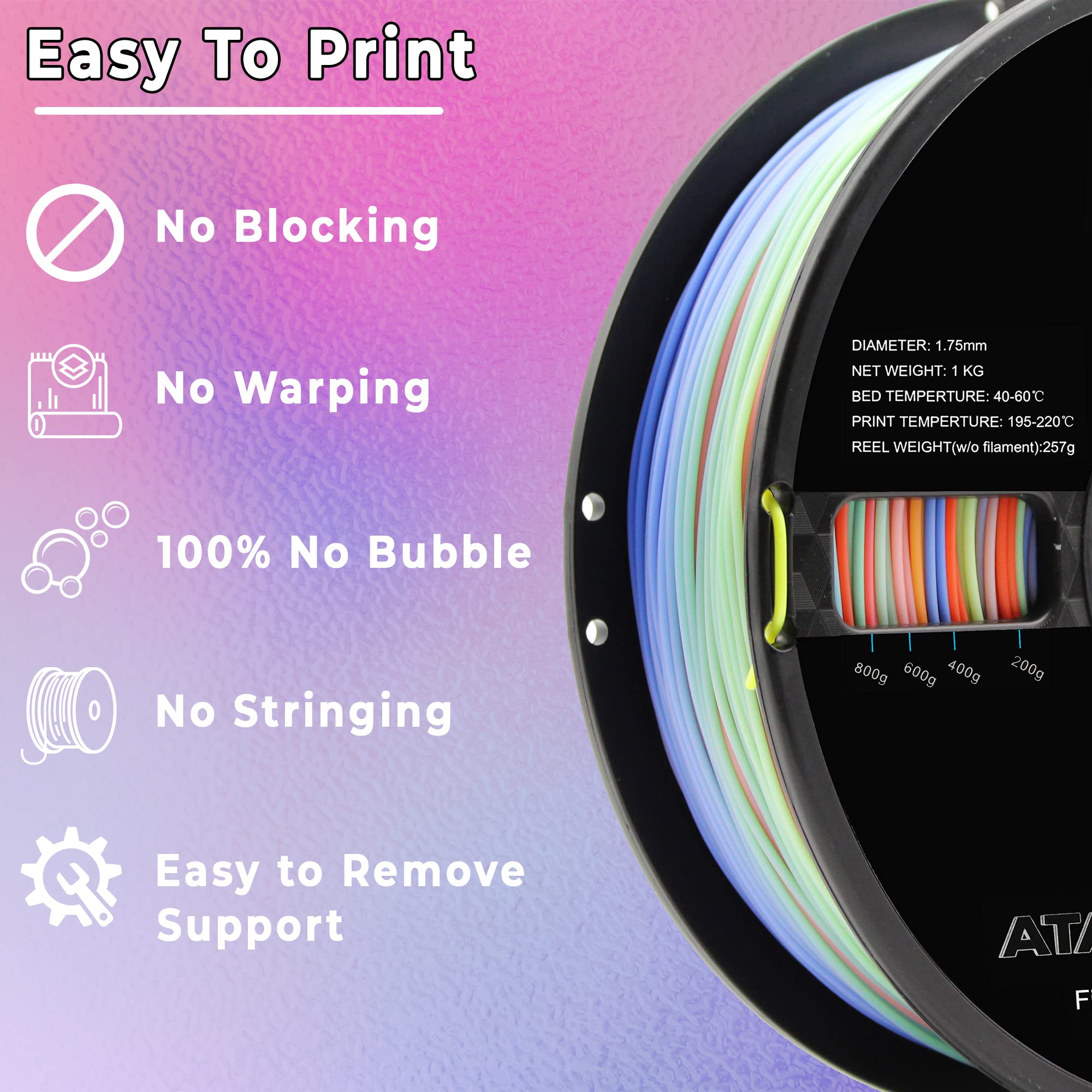 ATARAXIA ART White Mini Rainbow PLA Plus (PLA+) Filament, 3D Printer Filament, PLA Mini Multicolor Filament 1.75mm, 3D Printing Filament, 1KG, Include Filament Storage Bag, Fit Most FDM 3D Printer