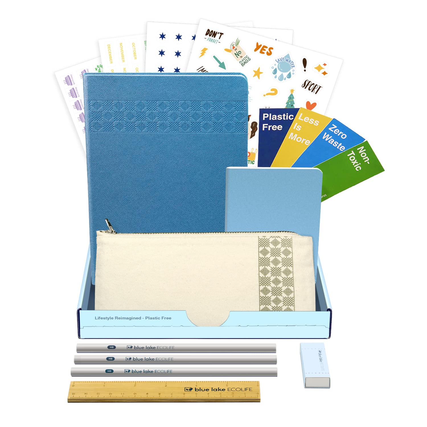 Blue Lake ECOLIFE Monthly & Weekly Life Planner Kit, Undated, Hardcover Journal 6x8, Blank Page Notebook, Stickers, Pencil Pouch, Bookmarks BLUE