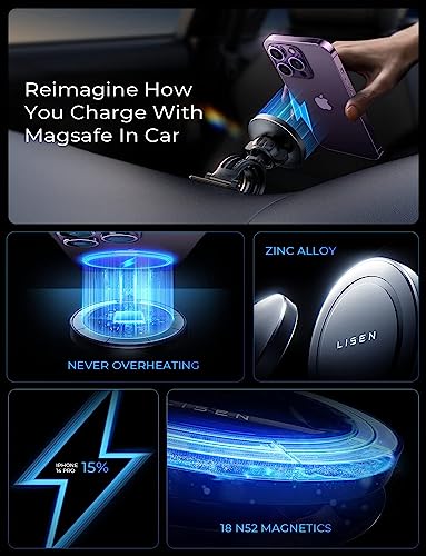 LISEN for Magsafe Car Mount Charger Wireless 15W Car Charger for iPhone [Powerful Magnets] Magnetic Car Phone Holder Mount Wireless Fast Charging for Magsafe Charger Fits iPhone 14 13 12 Magsafe Case