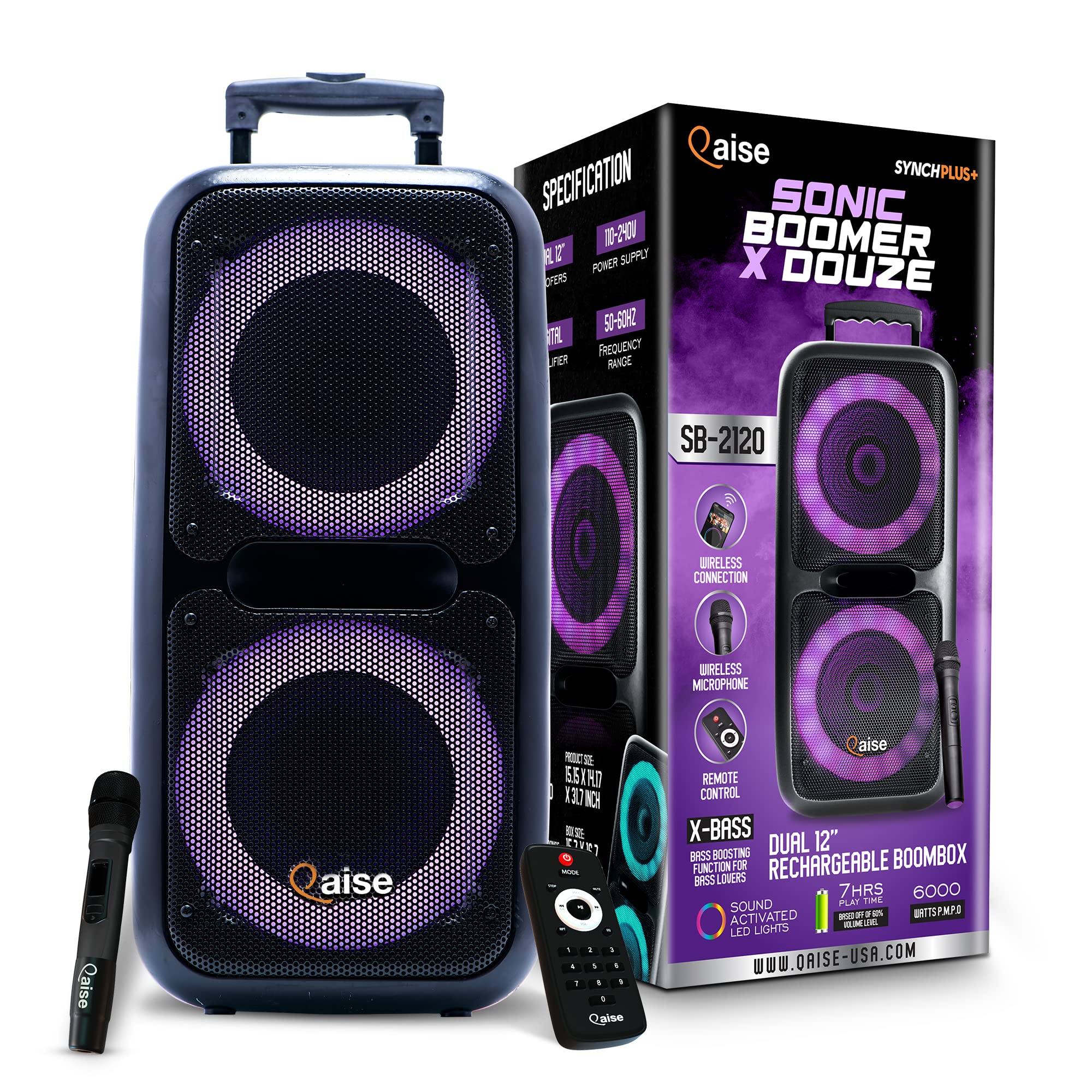 QAISE Portable Bluetooth Speaker & Karaoke Machine - Portable PA System with Wireless Mic, Professional Dual 10” Subwoofer with Lights, 7h Play time, 5000 Watts Peak Power - SonicBoomer X-BASS