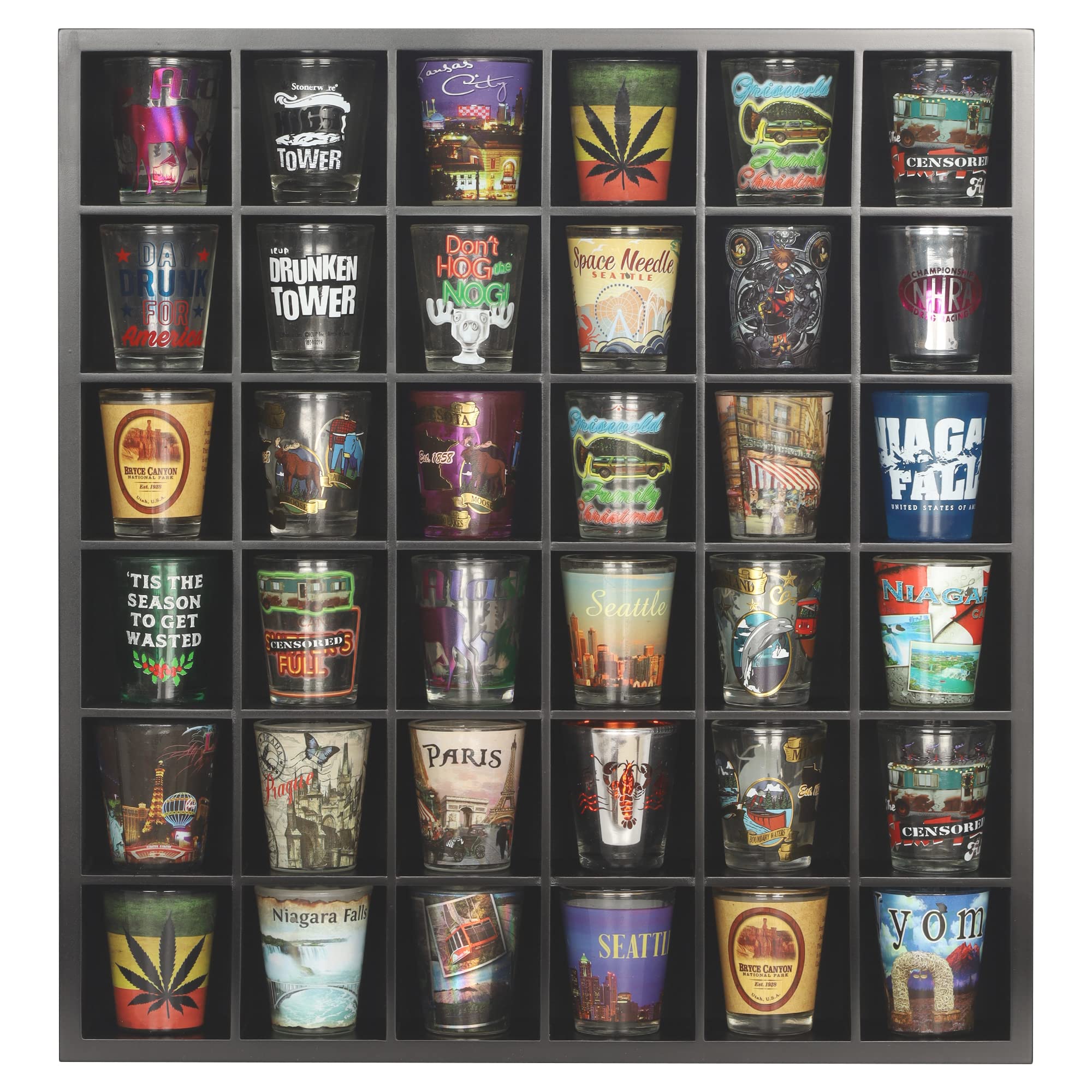 Black Shot Glass Display Case 36 Slots Minifigures Thimble Collection Display Rack 17.25" H X x 15.75" W - No Door (for All Short Shot Glasses)