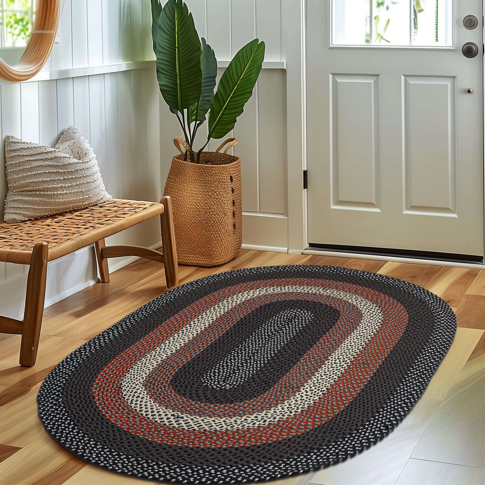 Super Area Rugs Rustic Red/White/Blue Braided Rug for Entryway/Foyer, Washable Navy Indoor Outdoor Braided Rug for Patio/Porch 3' x 5' Oval