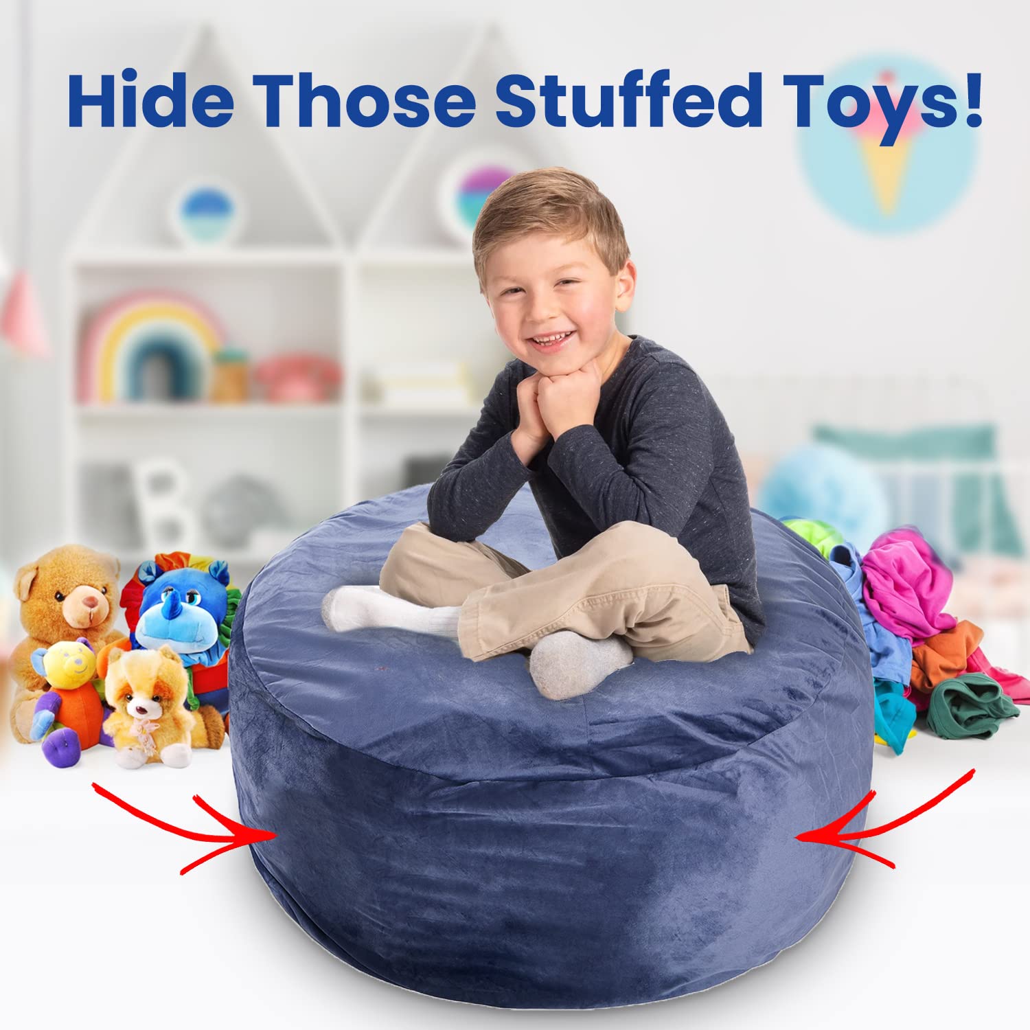 Cheer Collection Oversized Storage Bag, Kids Plush Toy Storage Organizer and Bean Bag Chair with Handle, Microplush Zippered Bag for Organizing Stuffed Animals - Navy Blue
