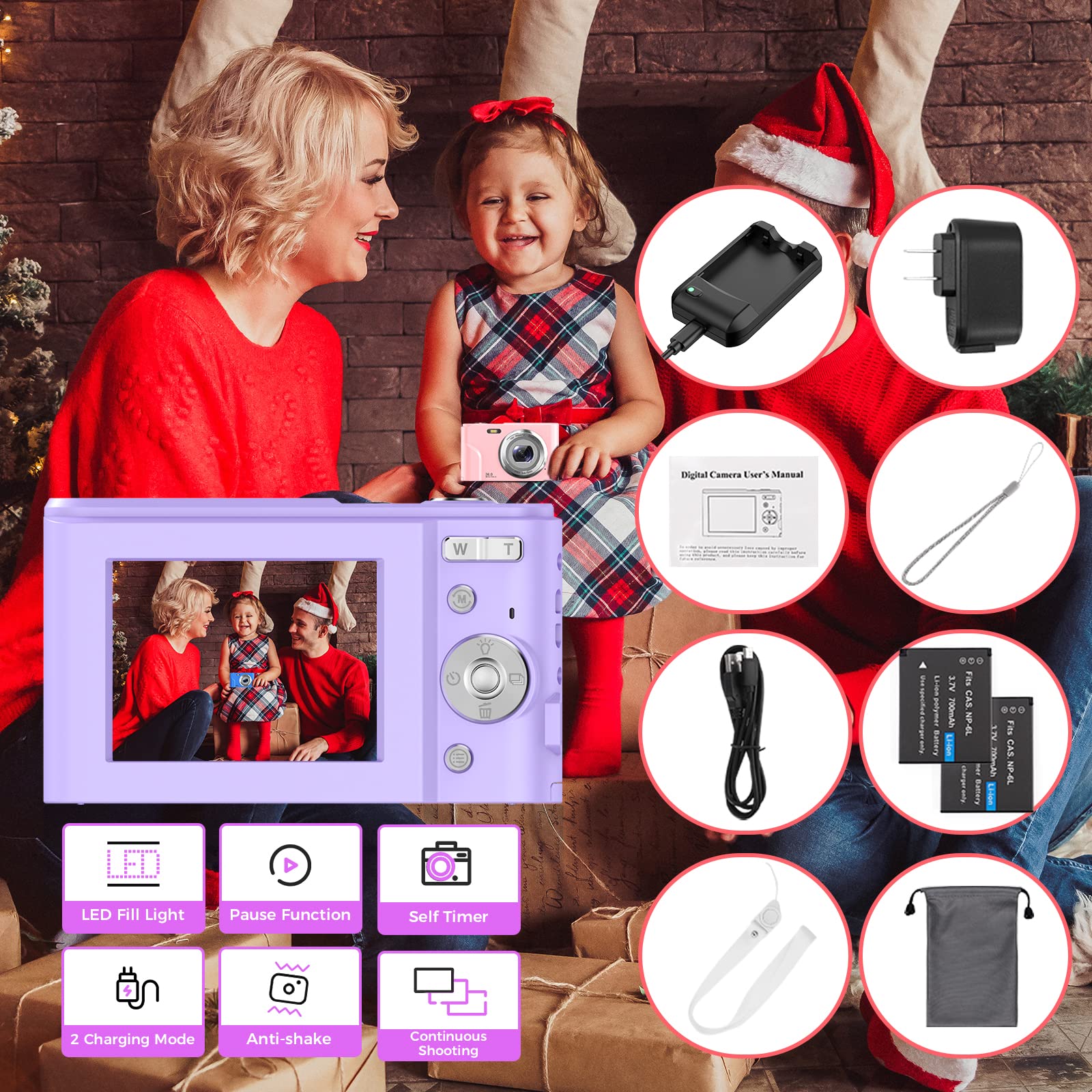 Digital Camera, RUAHETIL FHD 1080P 36MP 2.4 Inch LCD Vlogging Camera for Kids, 16X Zoom 2 Charging Modes Kids Compact Camera Point and Shoot Camera for Kids Teens Students Beginners(Purple)