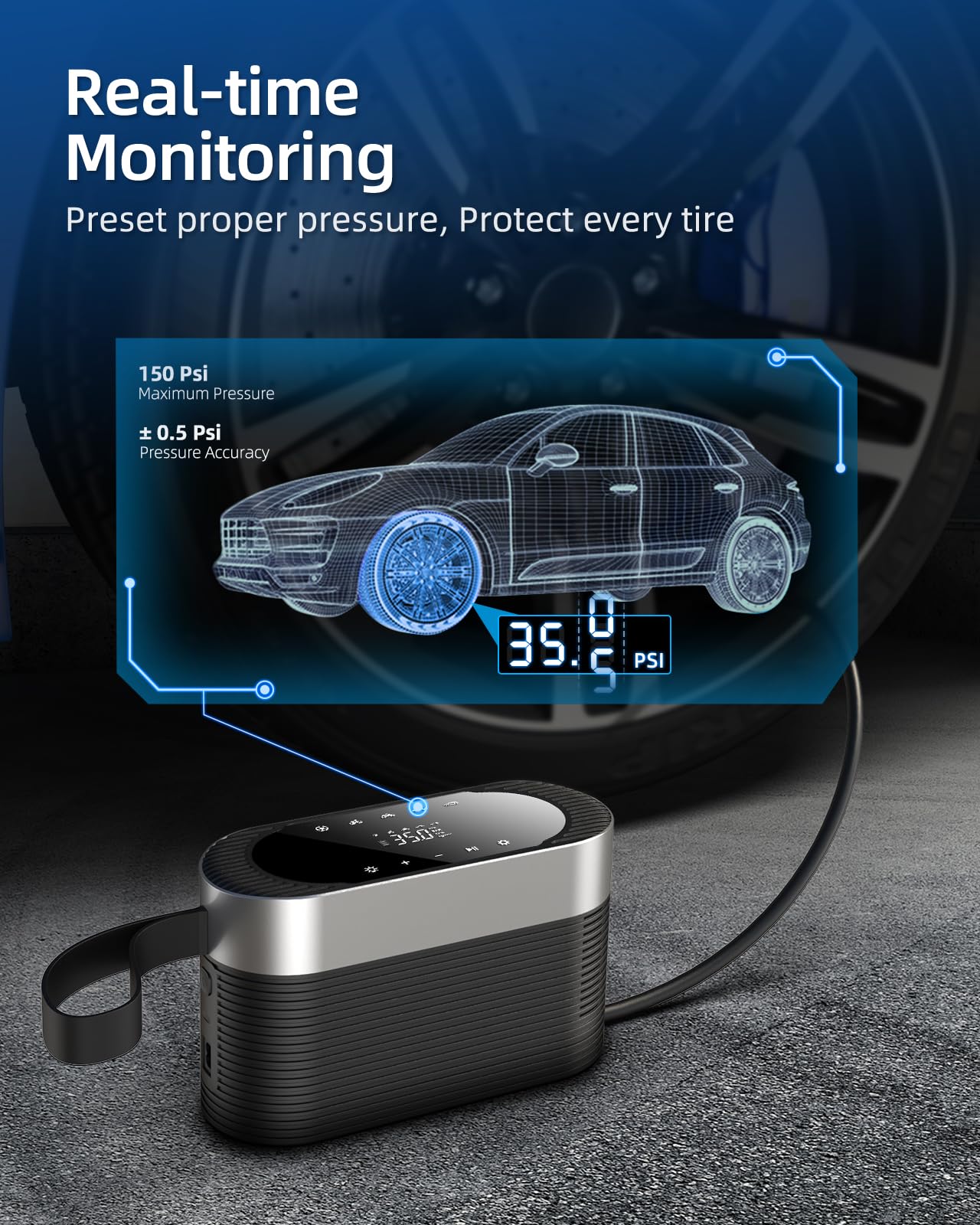 ShockFlo Tire Inflator Portable Air Compressor 12v DC Ultra Fast Air Pump for Car Tires- 150PSI Car Tire Air Pump Digital Pressure & Pre-set Gauge with Emergency LED Light