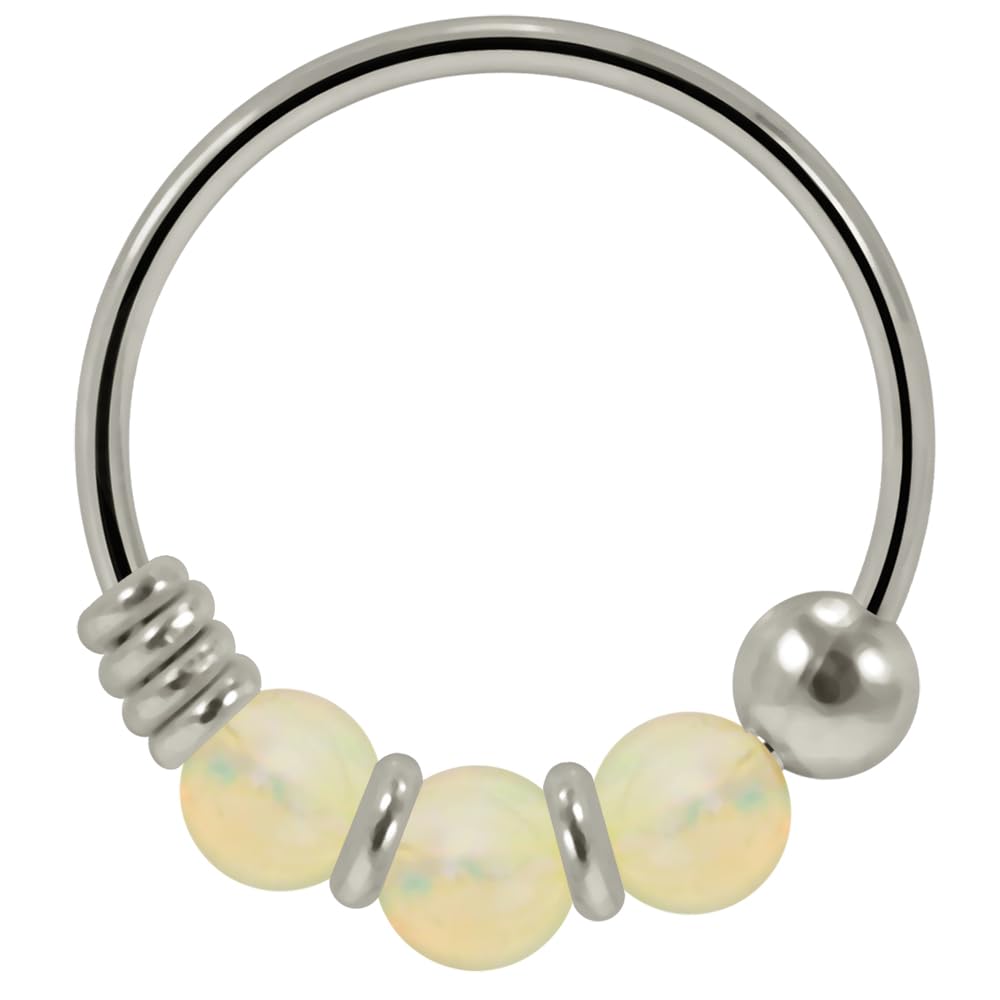 AtoZ Piercing Triple Fire White Opal Ball on 9K Solid White Gold 22 Gauge Hoop Nose Ring Jewelry