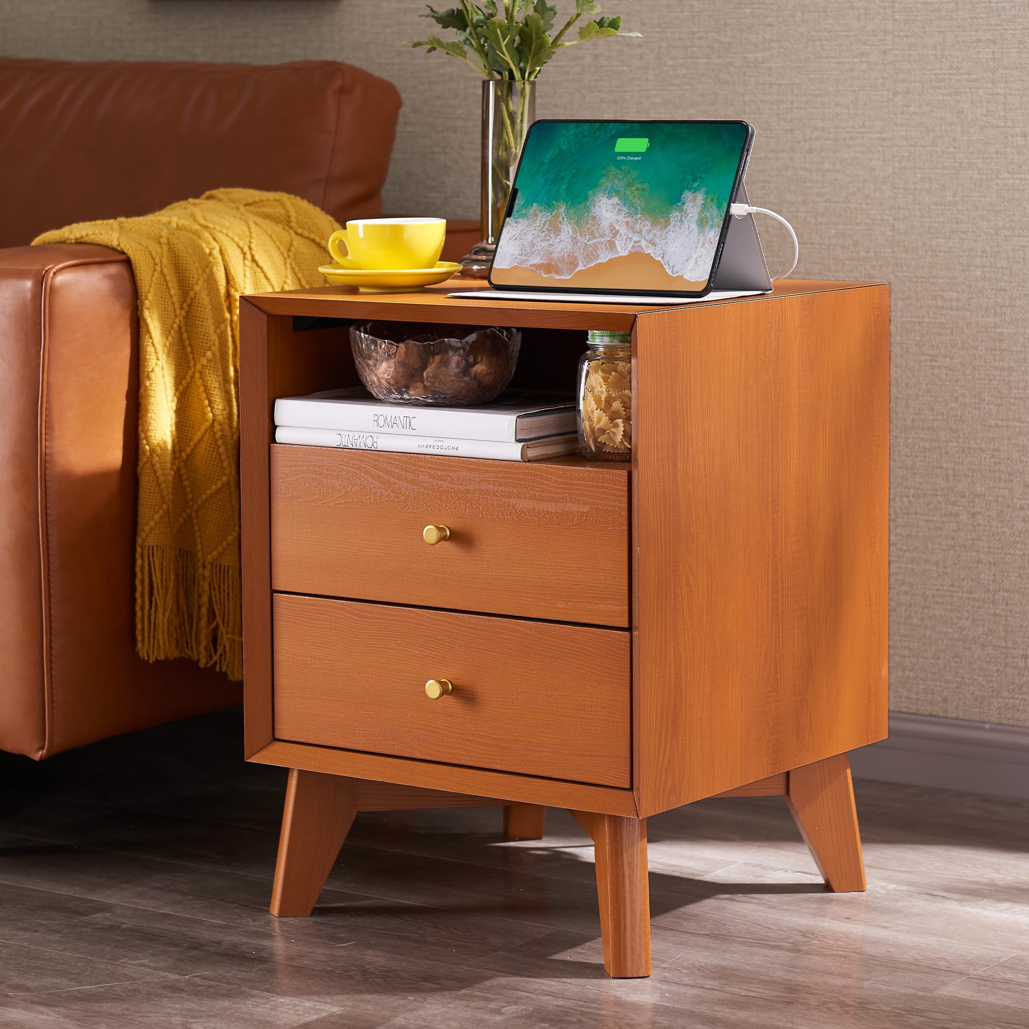 T4TREAM Nightstand with Charging Station, 18" Mid Century Modern Side Table, 2 Drawer Dresser, End Table w/Storage, Bedside Table for Bedroom, Living Room, Beveled Profile Design, Natural Oak