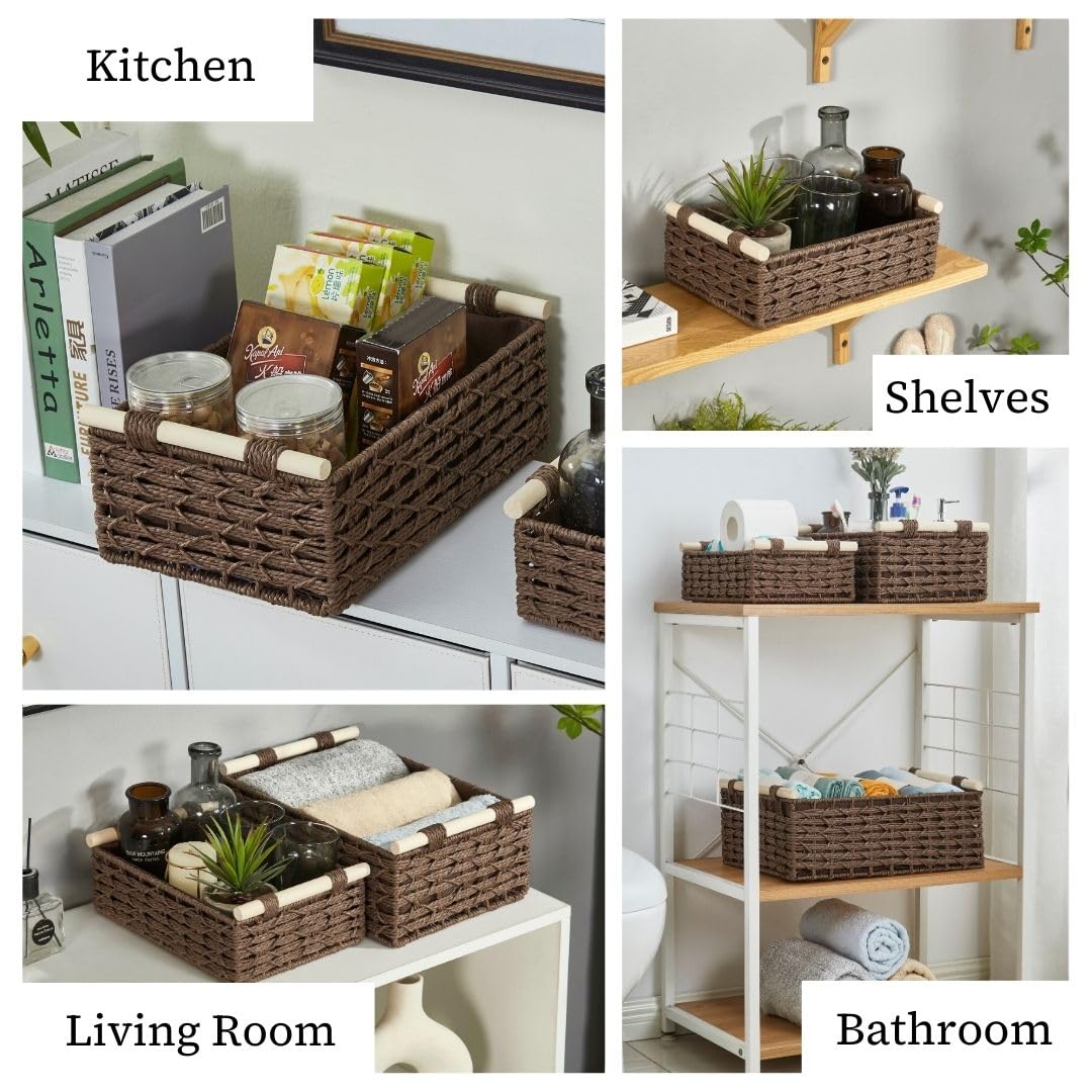 DECOMOMO Wicker Storage Basket, Toilet Paper Basket for Organizing Storage, Paper Rope Baskets with Liner and Wooden Handles for Shelves Cosmetics Books (Brown β 3 Pack)