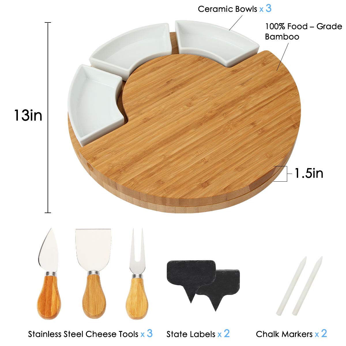 Bamboo Cheese Board SetāServing Tray and Cheese Serving Platter Round Cheese Board and Knife Set for Cracker and Brie Large Charcuterie Board Set and Cheese Tray for Housewarming Gift-Round