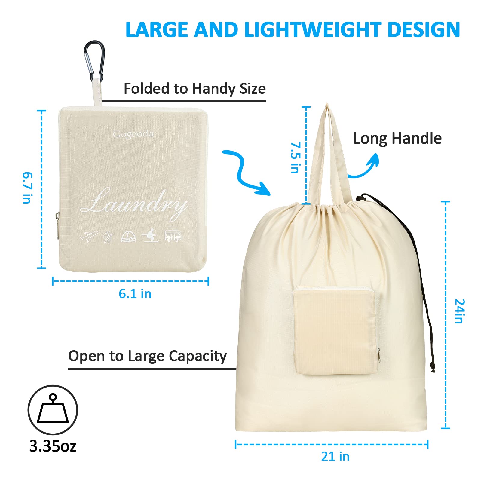 GOGOODA Travel Laundry Bags with Drawstring Closure XL Large Foldable Dirty Clothes bags with Handle Heavy Duty and Washable for College Dorm Travelling Camping, 2 Pack, Black & Beige