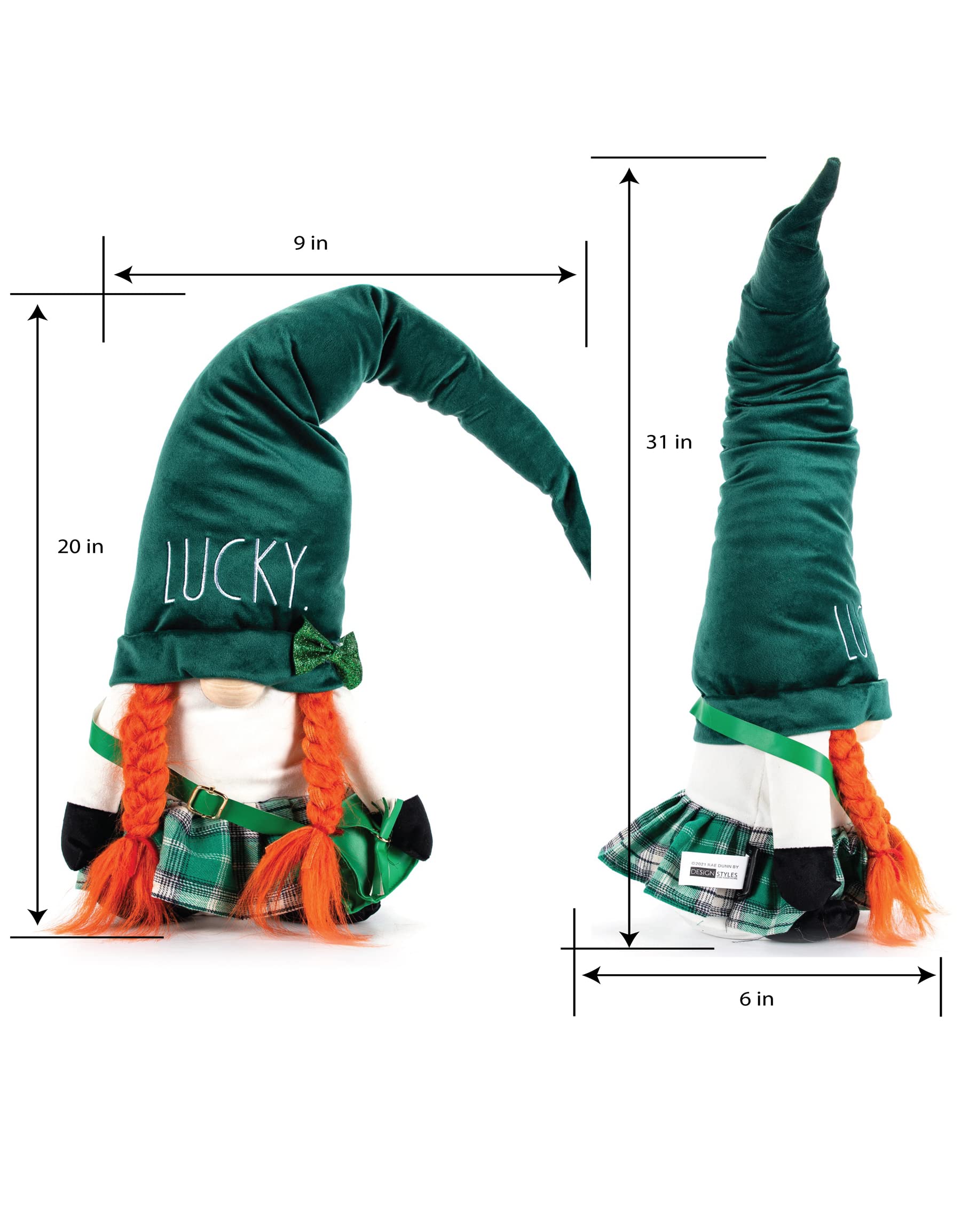 Rae Dunn St. Patrick's Gnome Lucky - 19 Inch Stuffed Plush Figurine Doll with Felt Hat - Cute Ornaments and Holiday Decorations for Home Decor and Office