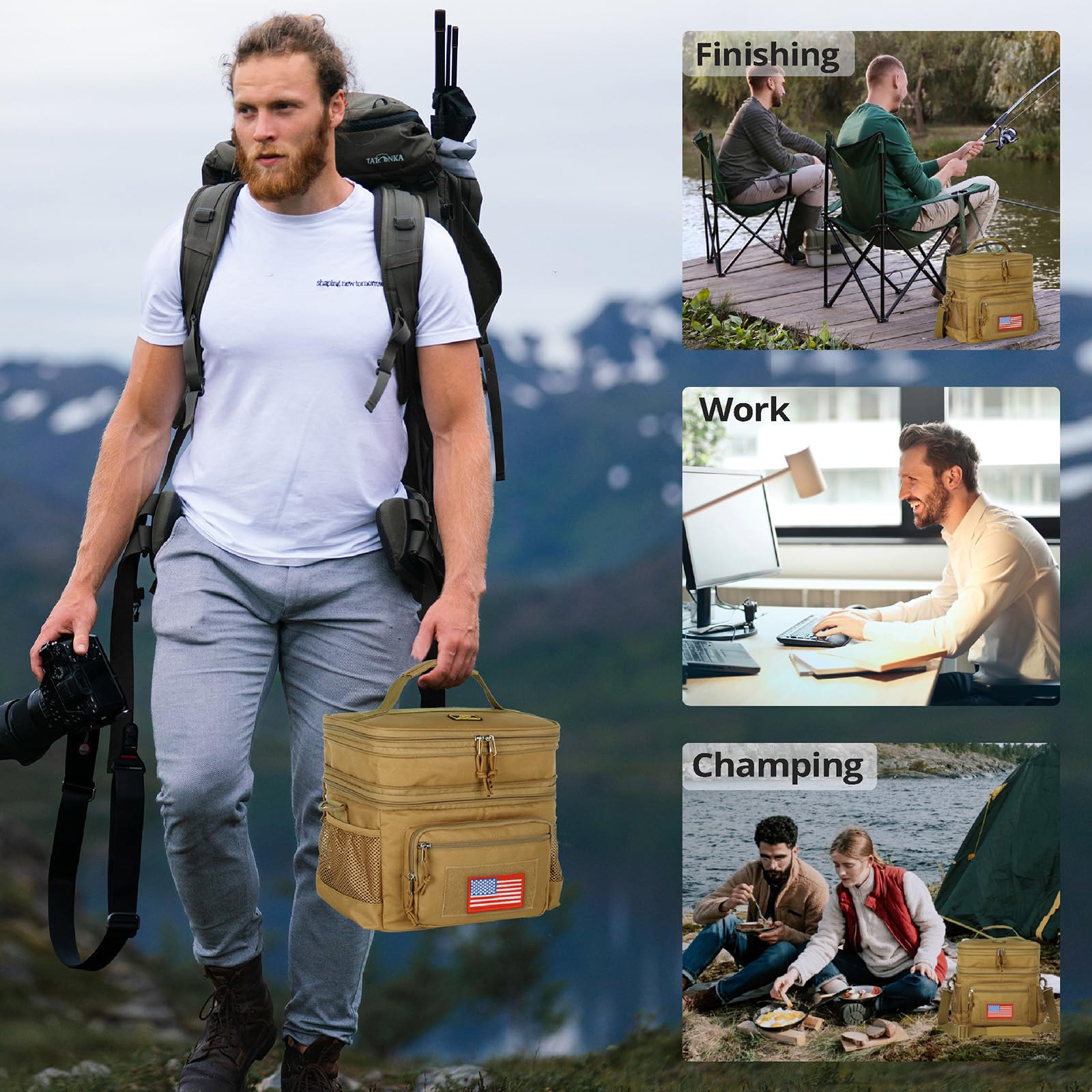 ATRIPACK Lunch Bag for Men, Double Deck Tactical Lunch Box Work with Shoulder Strap MOLLE Webbing Large Lunch Cooler Leakproof Insulated (Brown)