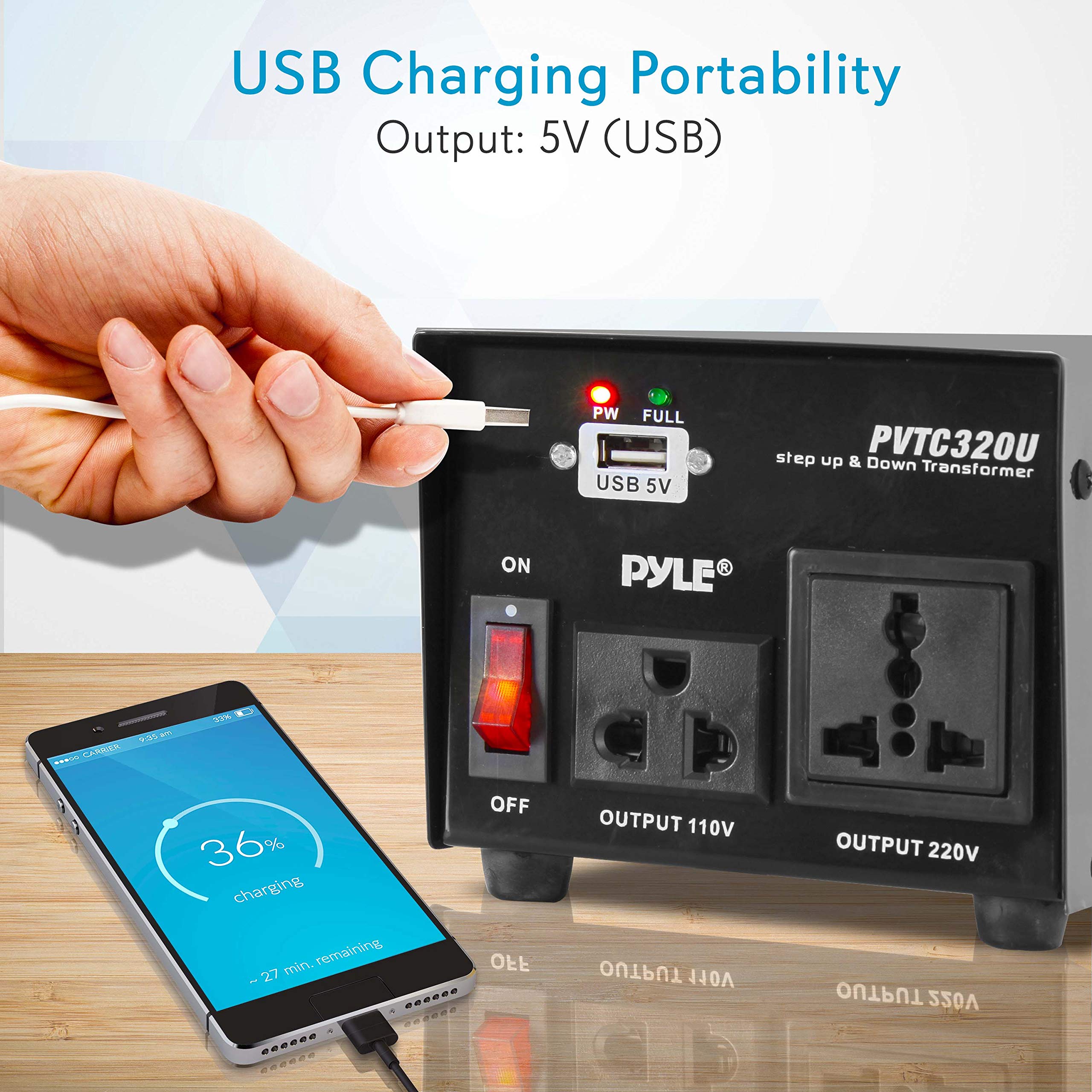 Pyle Step Up and Down Converter - 500 Watt Voltage Converter Transformer w/ USB Charging Port, UK Power Adapter, AC 110 / 120 to 220 / 240 Volt Vice Versa, 110V/120V/220V/240V Input Voltage