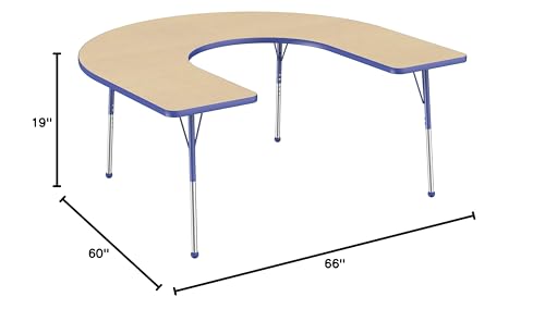 Factory Direct Partners 10094-MPBL Horseshoe Activity School and Office Table (60" x 66"), Standard Legs with Ball Glides, Adjustable Height 19-30" - Maple Top and Blue Edge