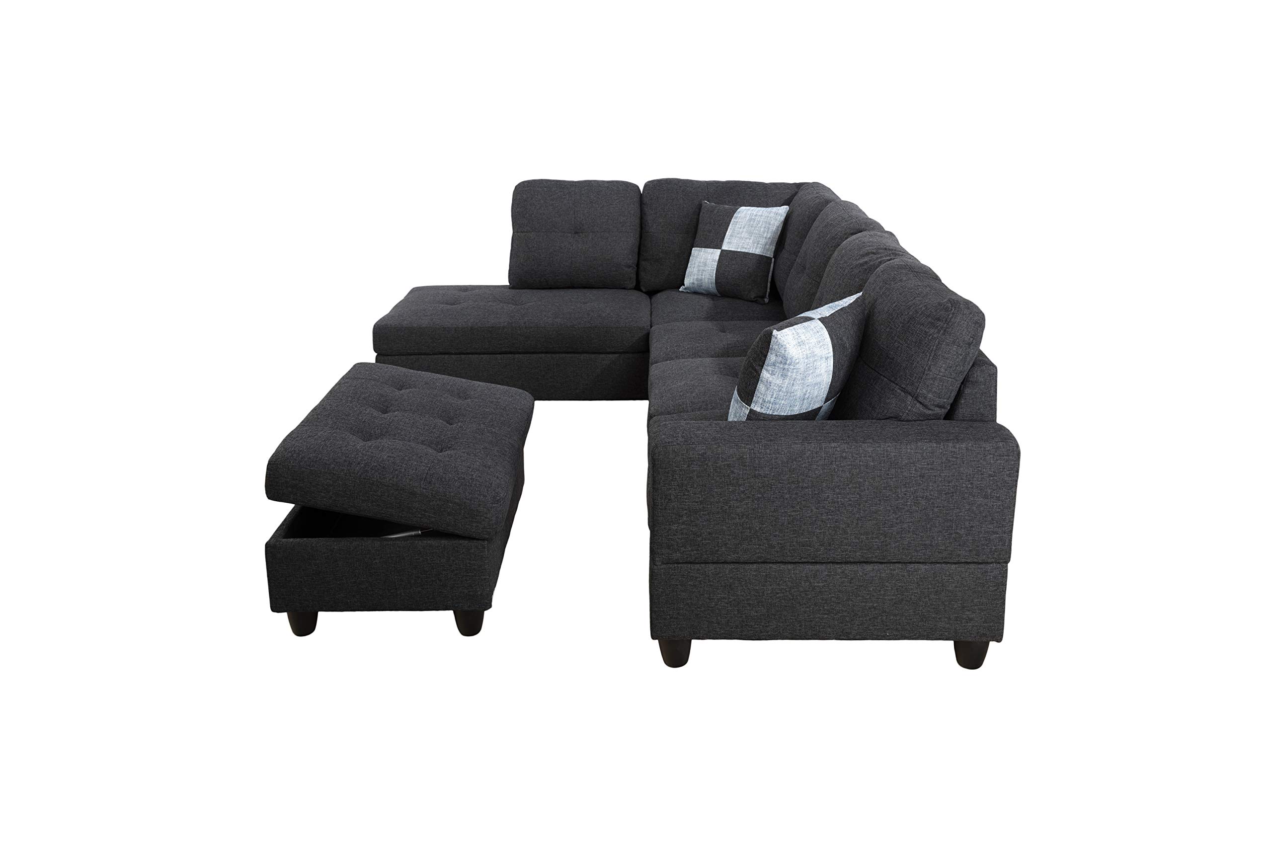 AYCP Fine Furniture Sectional Sofa Couch,L-Shaped Modern Style w/Storage Ottoman 3-Piece for Living Room|Linen Upholstery|(2) Toss Pillows(Left Hand Facing, Black)