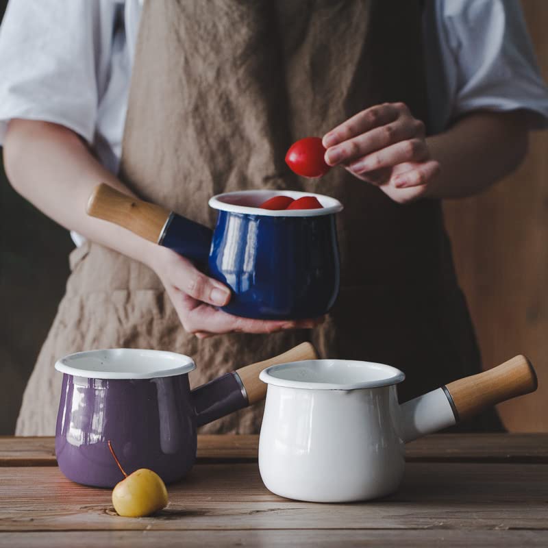 FARCADY 0.6qt Mini Enamel Milk Pot Insulated Wooden Handle 2 Pour Spouts Small Food Warmer Cute Saucepan(D015,White)