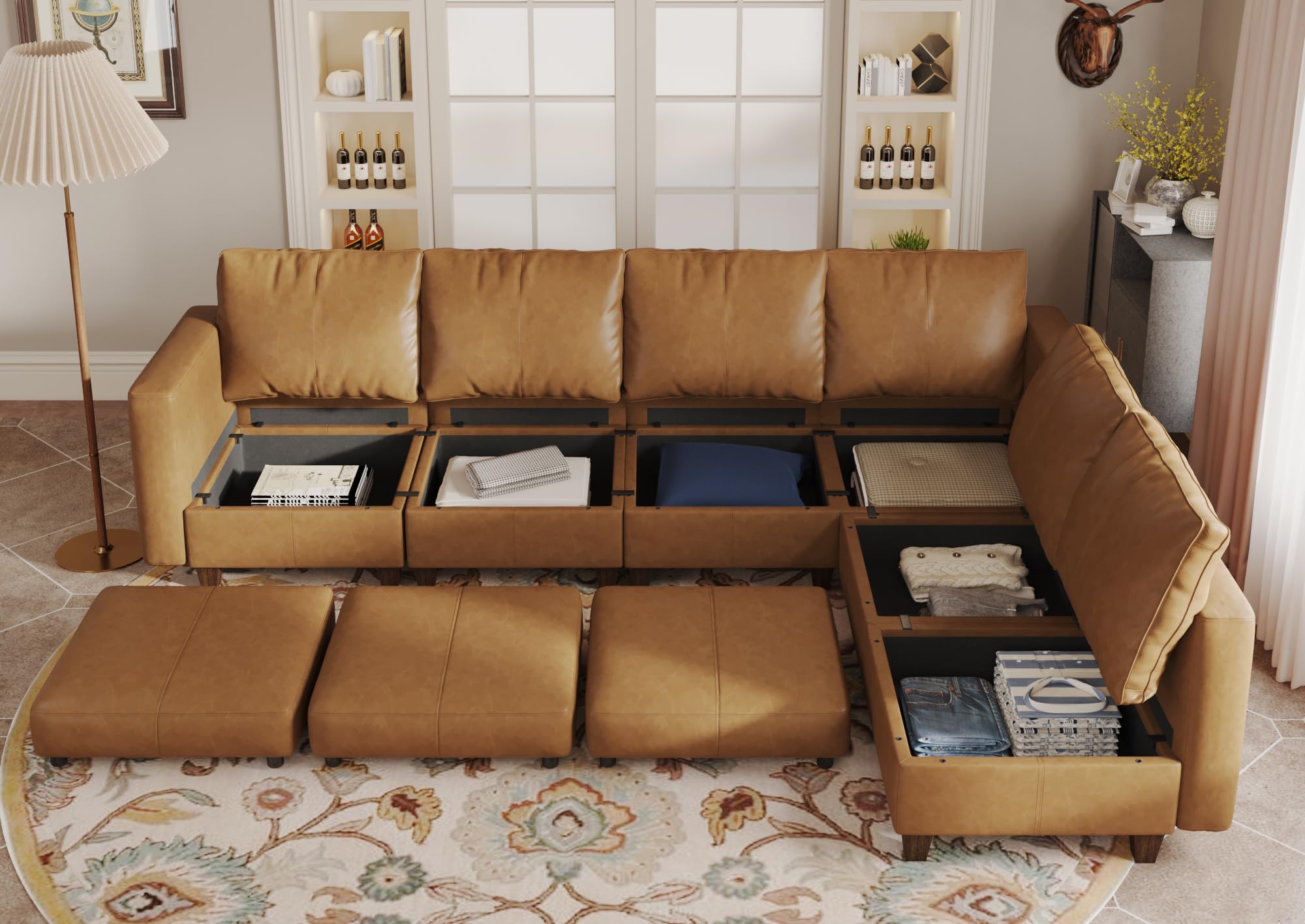 EASE MOOSE Modular Sleeper Sofa Bed Sectional Couch with Storage, Faux Leather Modular Couch Sectional Sofa, Brown