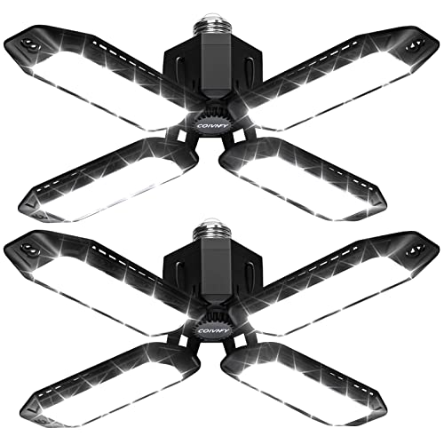 COIVNFY LED Garage Light, 2 Pack 80W 13000LM Adjustable Led Garage Ceiling Light, 6500K E26/E27 Led Shop Light with 4 Deformable Long Panels for Warehouse, Basement