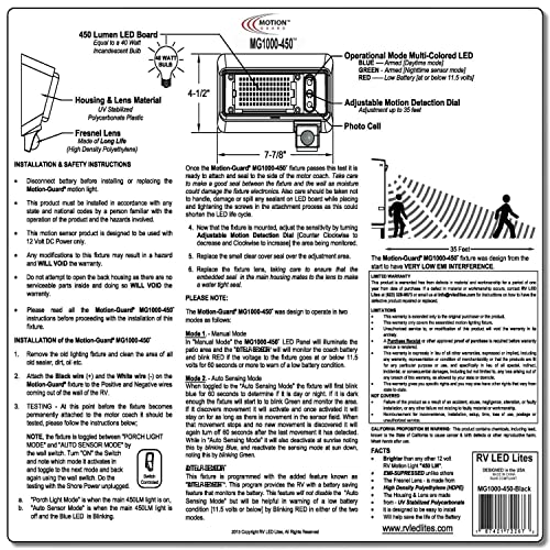 MOTION-GUARD, MG1000-450B, RV Motion Sensor Light, 12 Volt, Exterior Mounted Motion Sensor Bright LED Porch Utility IP65 Flood Light with Battery Monitoring sensor and EMI Suppression, USA Designed