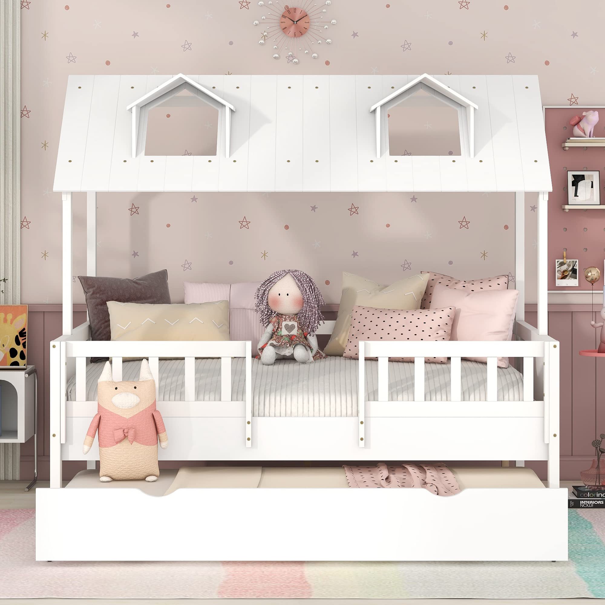 MERITLINE Full House Bed with Trundle, Wooden Platform Bed Frame with Roof, for Kids Teens Girls Boys - White