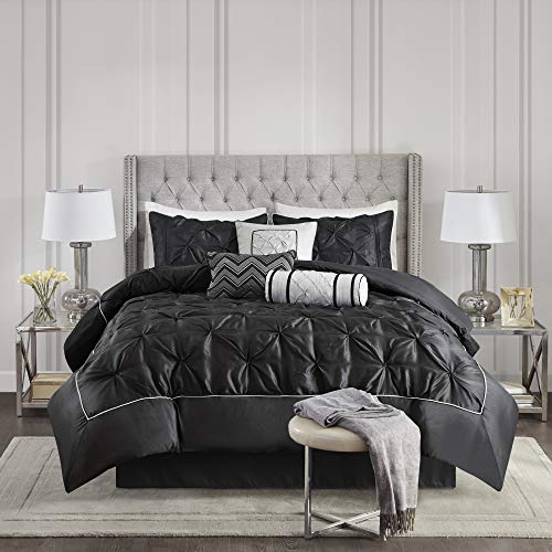 Madison Park Laurel King Size Bed Comforter Set Bed In A Bag - Black , Wrinkle Tufted Pleated β 7 Pieces Bedding Sets β Faux Silk Bedroom Comforters