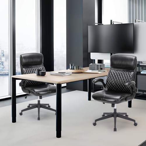 COLAMY Ergonomic Office Chair, Executive Desk Chair, Leather Office Chair with Padded Flip-up Arms, Adjustable Height Swivel Rolling Work Chair-Black