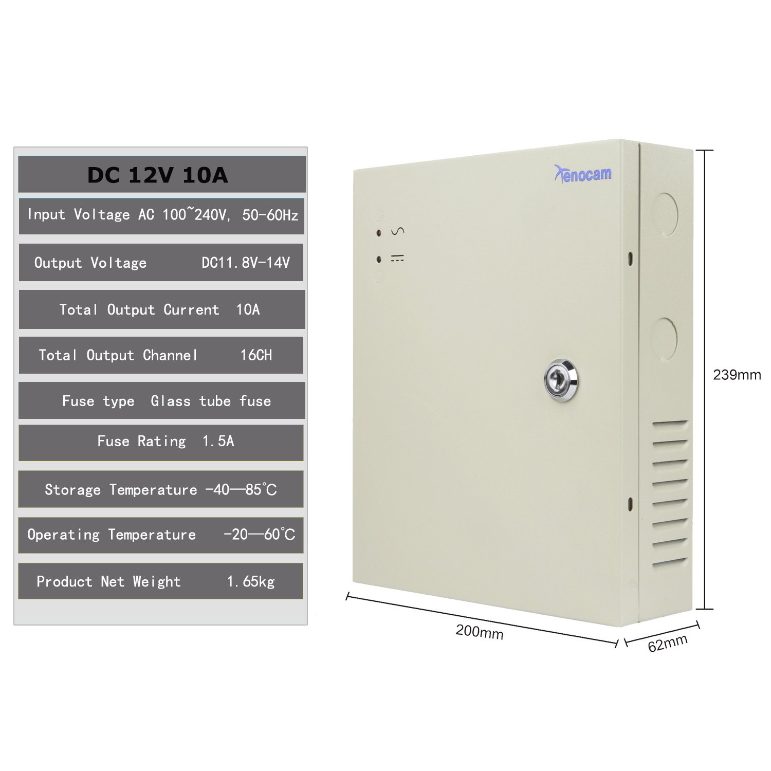 Xenocam 16 Channel Port 12V DC 10 Amp Amper with Glass Fuse Distributed Power Supply Box for CCTV DVR Security System and Camera or IP Cameras