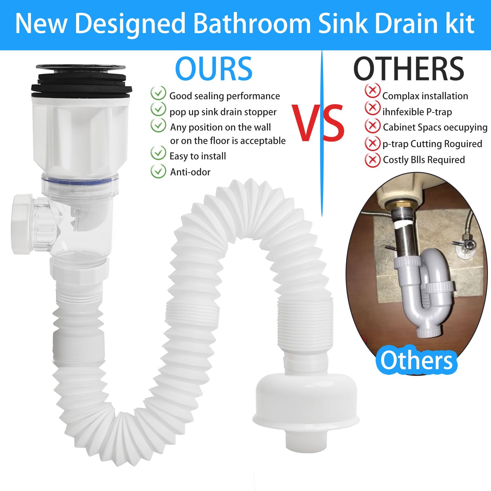 Bathroom Sink Drain Pipe Kit,Bathroom Sink Drain with Strainer Basket Hair Catcher and pop-up Stopper Flexible Sink Drain Pipe P-Trap,Suitable for drains Including for 1-1/4'' & 1-1/2'',RuQiankun