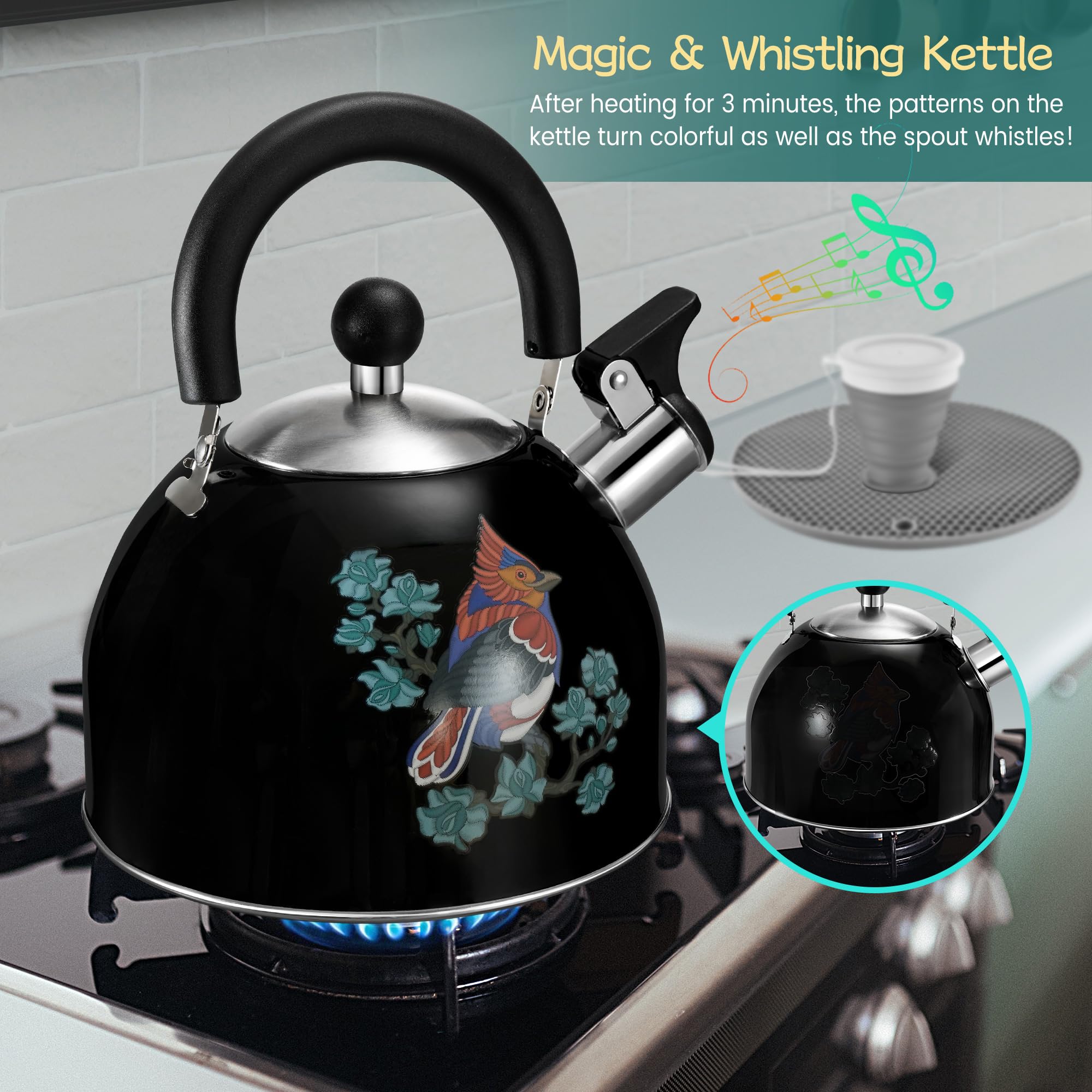 ARC Stainless Steel Whistling Tea Kettle, Magic Color Changing Design 2-Quart Stovetop Kettle Whistle Kettle with Folding Cup & Trivet Mat