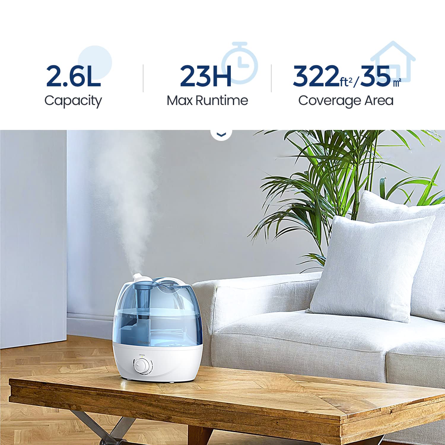 Rbioko 2.6L Cool Mist Humidifiers for Bedroom Whisper Quiet, Ultrasonic Vaporizer for Baby & Nursery, Indoor Plants & Whole House -Adjustable 360 Rotation Nozzle, Easy to Clean, Auto-Shut Off