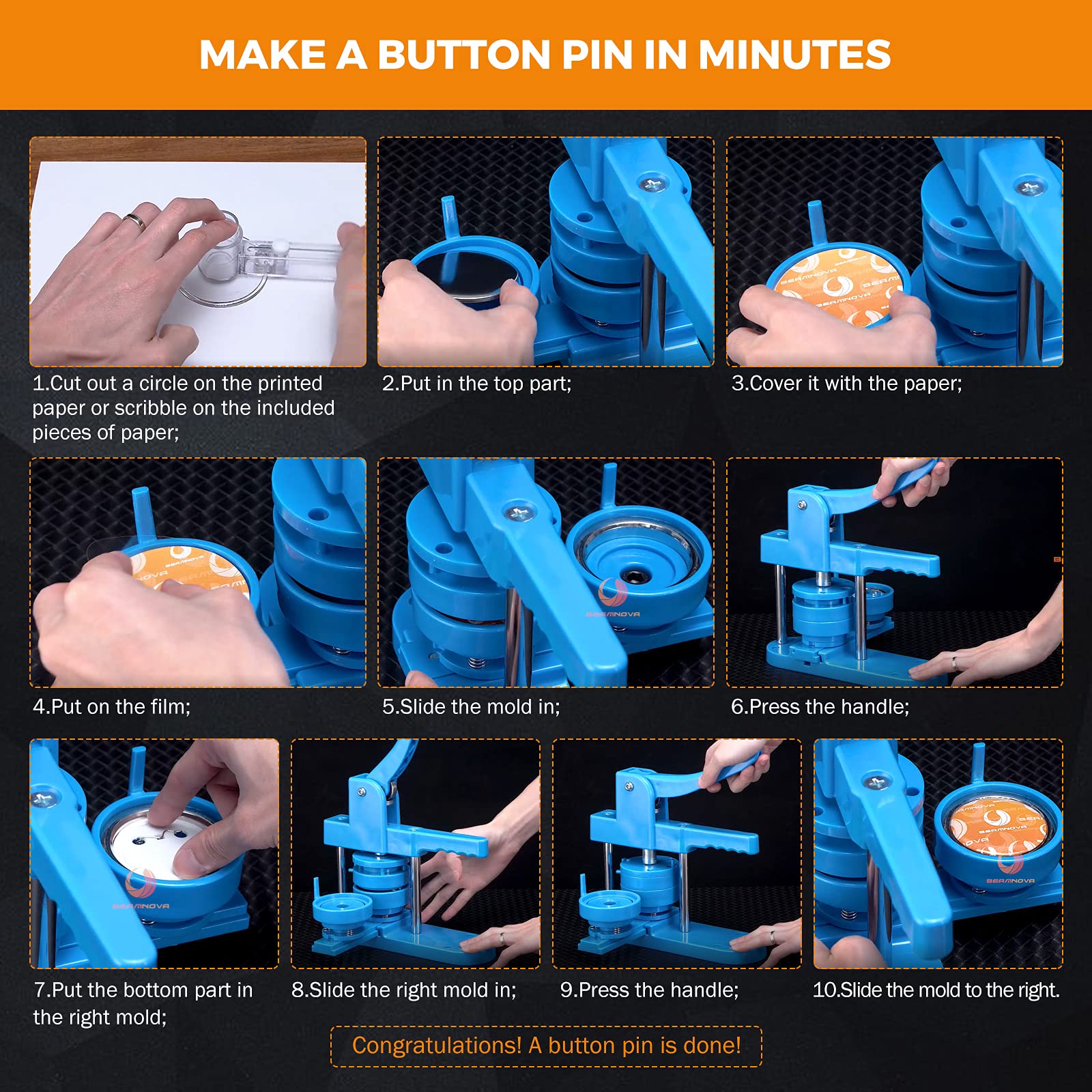 BEAMNOVA Plastic Button Maker Machine with 200 Button Parts Supplies Round Pin Badge Maker Kit, Hand Press Machine (Blue, 58mm / 2.28 in (About 2-1/4 Inch))