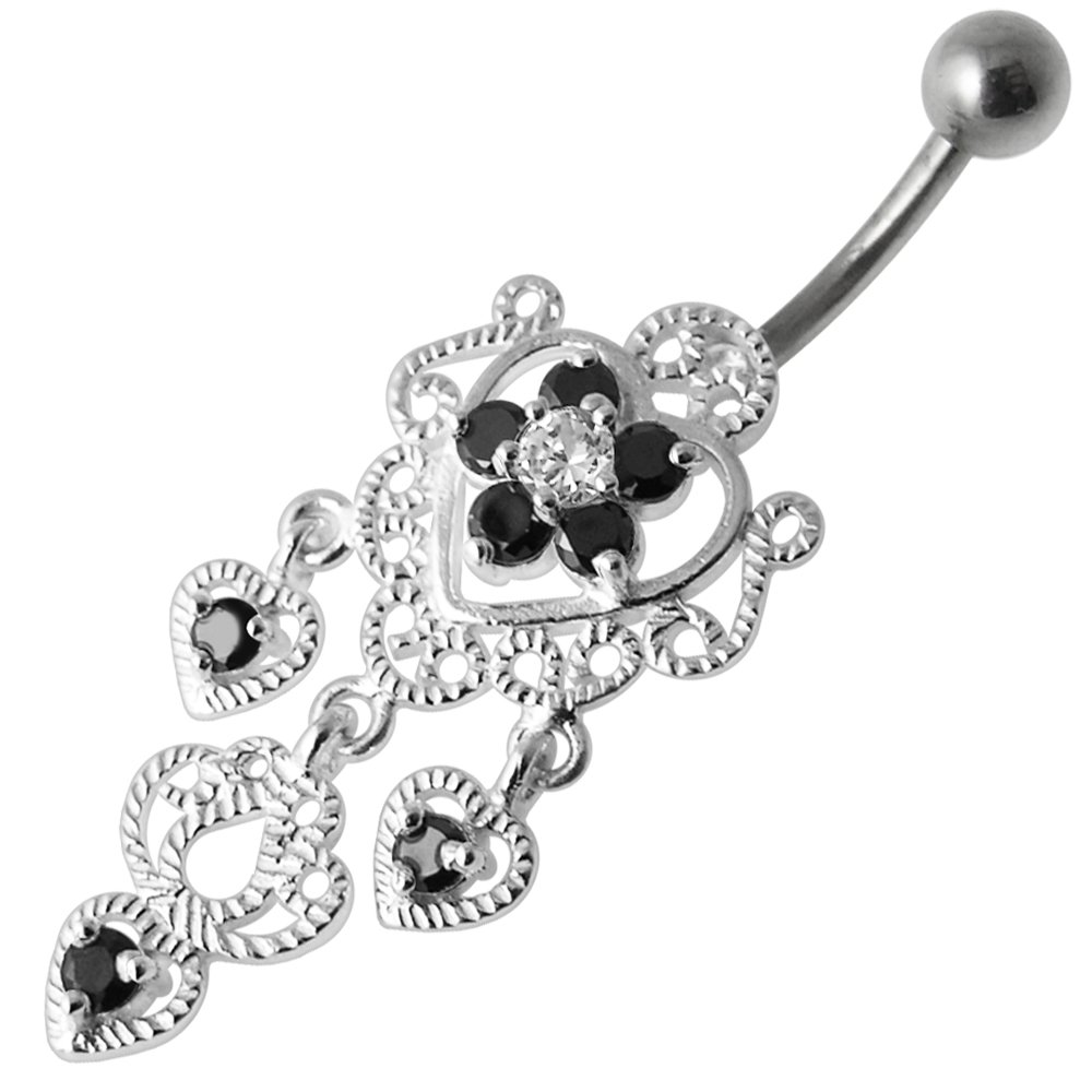 AtoZ Piercing Black Crystal Stone Fancy Chandelier Heart with Flower Dangling 925 Sterling Silver with Stainless Steel Belly Button Rings