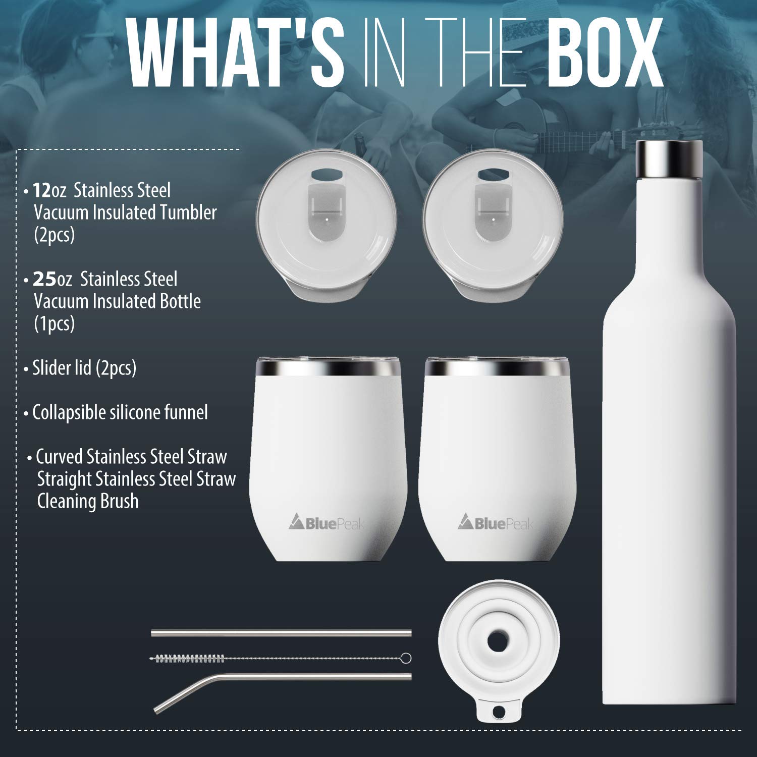 BluePeak Double Wall Vacuum Stainless Steel Insulated Wine Tumbler Set, 3-Pack - Includes Spill-Proof Sliding Lids, Straws, Cleaning Brush, Silicone Funnel & Gift Box - Travel Drinking Set (White)