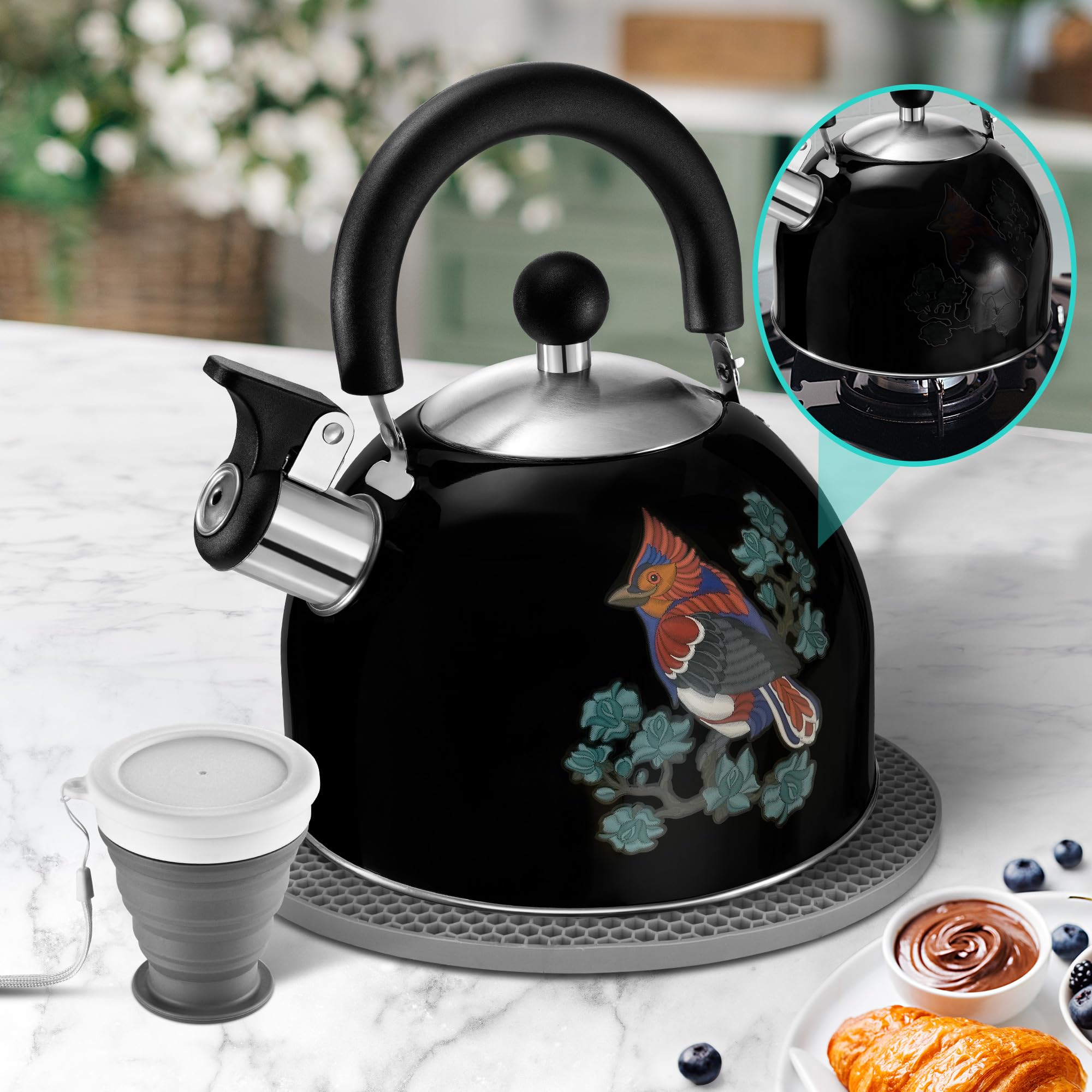 ARC Stainless Steel Whistling Tea Kettle, Magic Color Changing Design 2-Quart Stovetop Kettle Whistle Kettle with Folding Cup & Trivet Mat