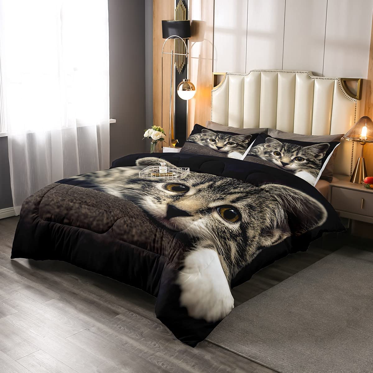 Feelyou Cats Comforter Set 3D Animals Pattern Bedding Set for Kids Boys Girls Pet Cat Kitten Decor Comforter Brown Grey Quilt Set Room 2Pcs Twin Size