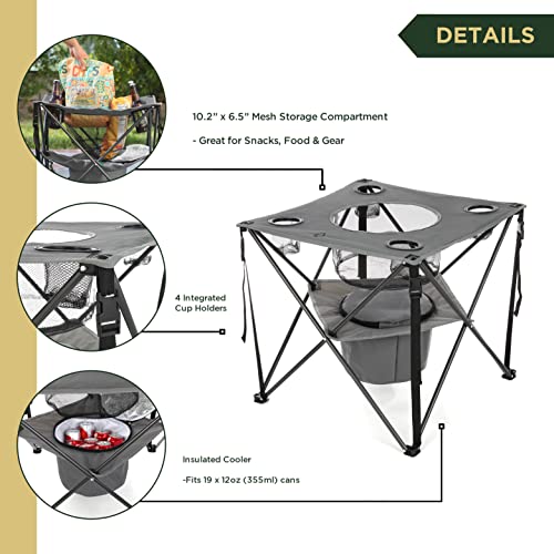 ARROWHEAD OUTDOOR 33.5β Portable Folding Tailgate Table, 4 Cup Holders, Food Basket, Insulated Cooler, No Sag Surface, Square, Carrying Case, Steel Frame, High-Grade 600D Canvas, USA-Based Support