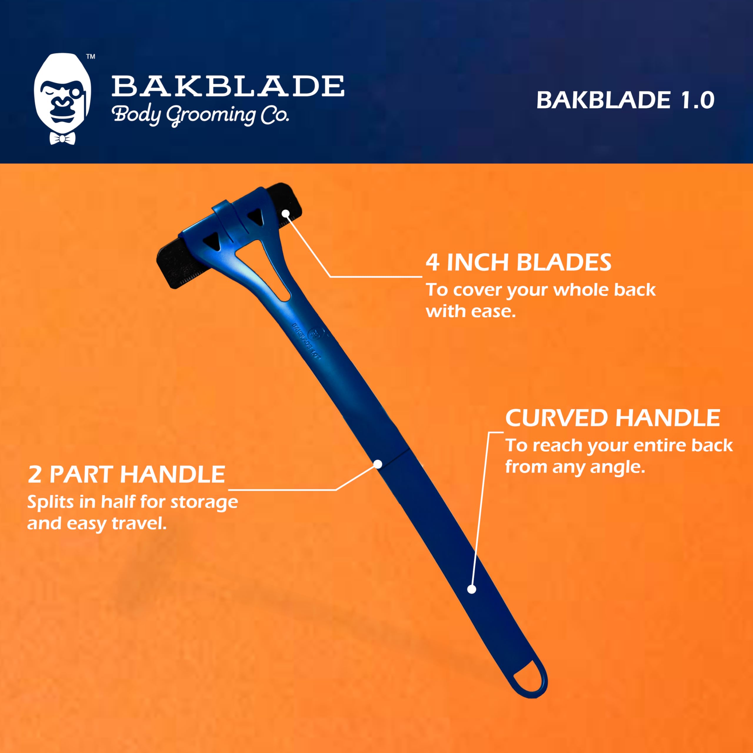 BakBlade 1.0 Back Shavers for Men: Back Hair Removal and Body Shaver (DIY), Back Shaver - Body Hair Trimmer, Extra-Long Handle, Shave Wet or Dry