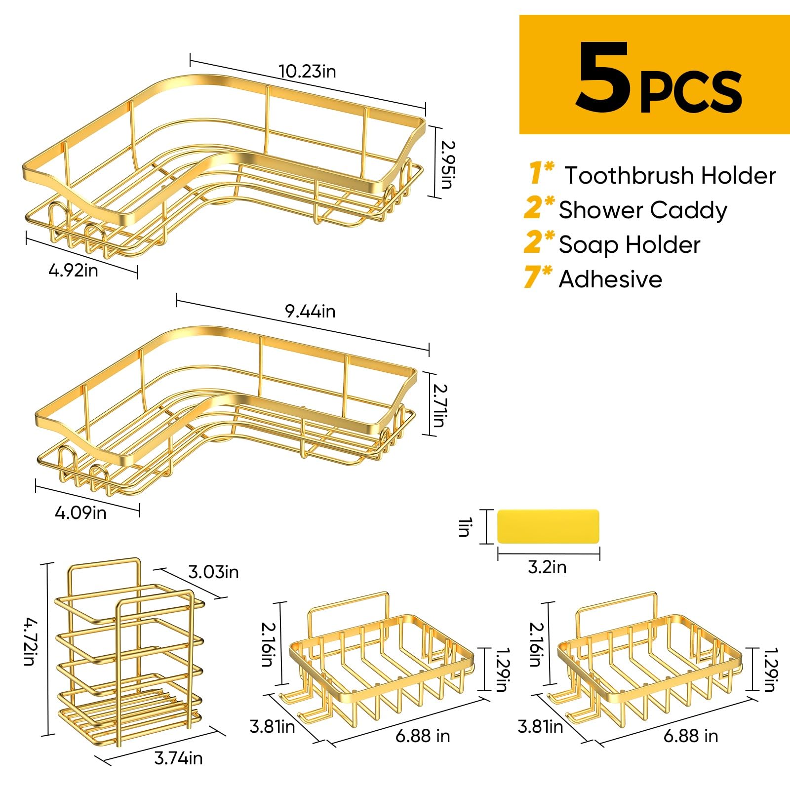 Bathroom stars Gold Corner Adhesive Shower Caddy,Rustproof Stainless Steel Corner Shower Shelves for Bathroom Kitchen, No Drilling Wall Mounted Shower Rack for inside Shower, 5 Pack