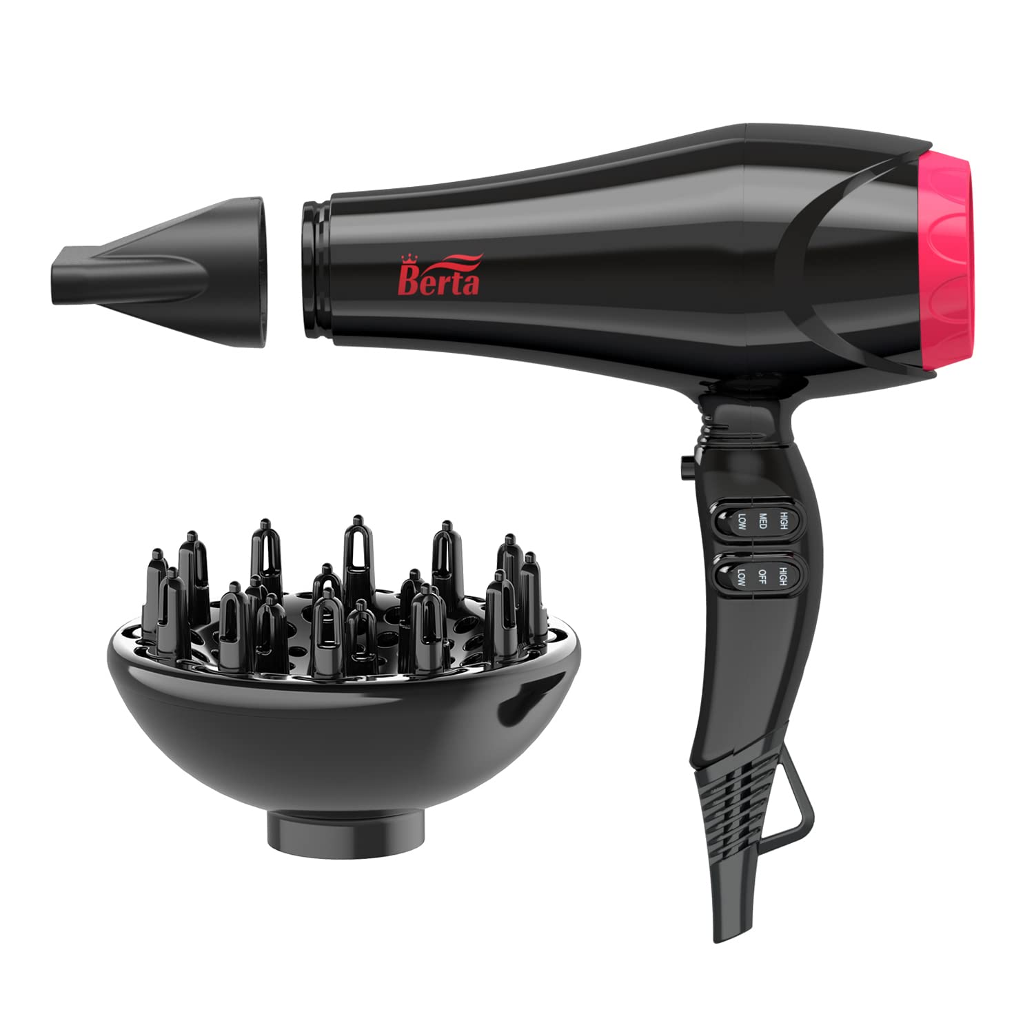 BERTA 1875W Professional Salon Hair Dryer Negative Ionic Blow Dryer, 2 Speed 3 Heat Settings Cool Button with AC Motor, Concentrator Nozzle and Filter, Black