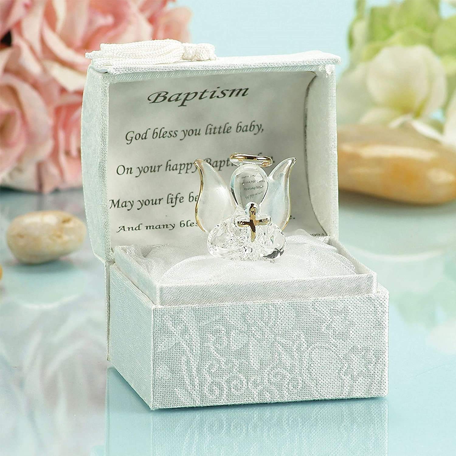 Baptism Crystal Angel with Cross & Beautiful Poem on 22kt Gold White Patterned Satin Fabric
