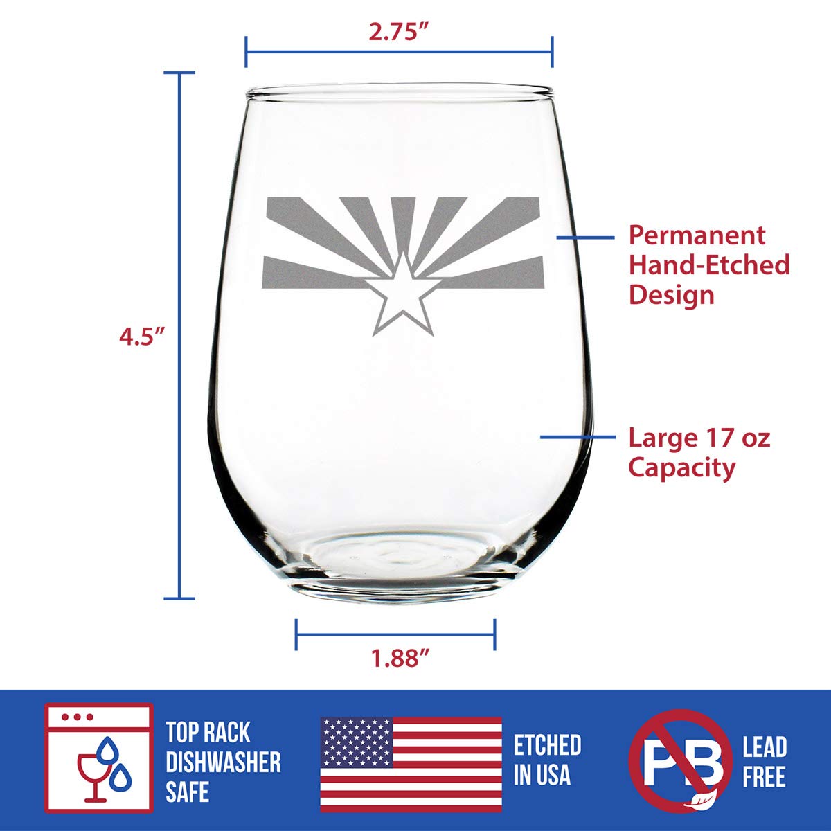 Arizona Flag - Stemless Wine Glass - State Themed Drinking Decor and Gifts for Arizonans - Large 17 Ounce