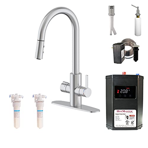 HotMaster 4 in 1 Kitchen Faucet Kit with DigiHot Instant Hot Water Tank, Filter System, Air Gap, Sink Mount Soap Dispenser and Dual Outlet Raised Button Air Switch