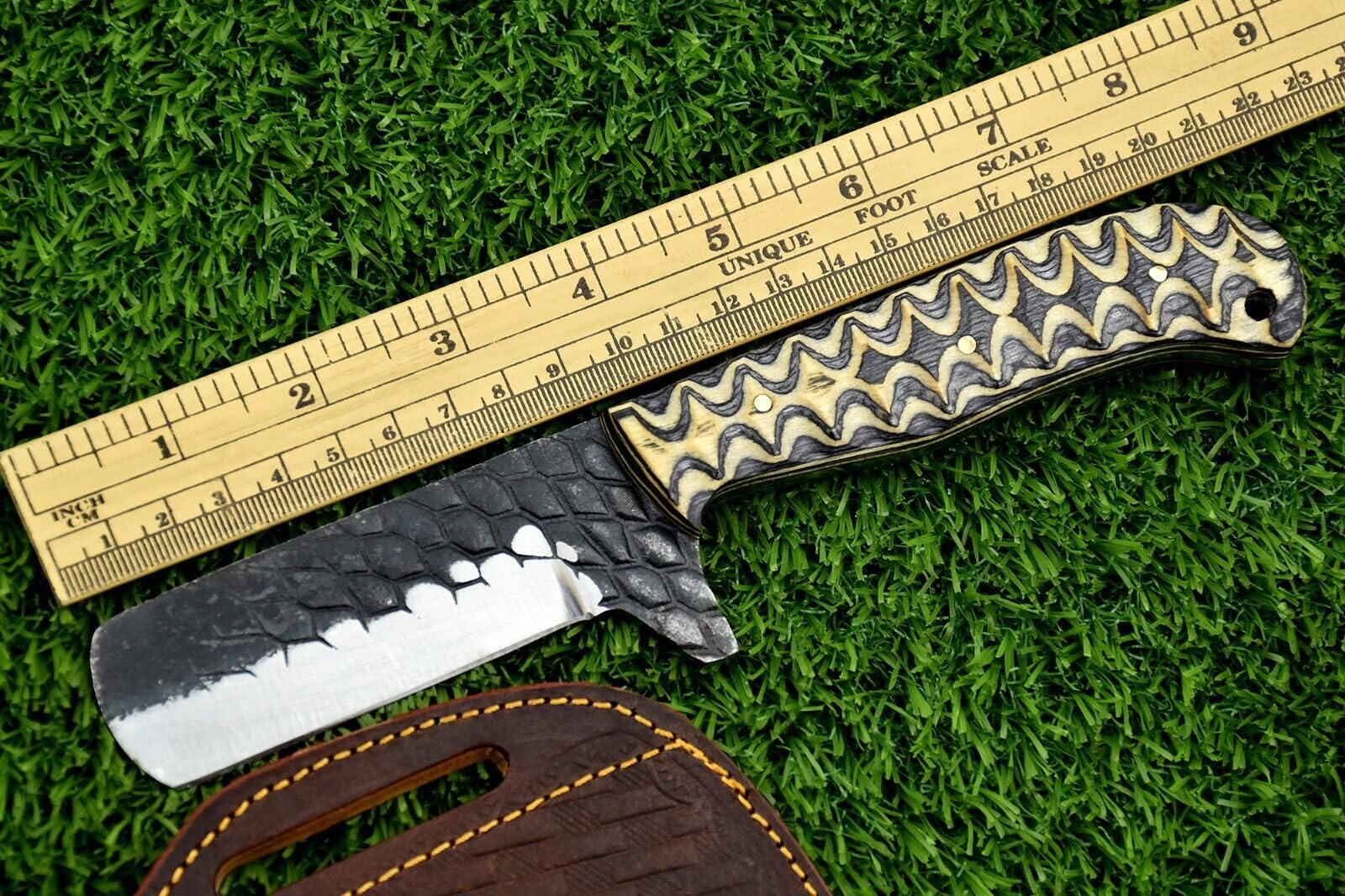 Carbon steel blade Bull cutter knife, 8.5 inches long knife with Leather sheath, Multi color Micarta scale Jigged with sturls, Embossed carbon steel blade, Embossed Leather sheath with belt loop (Black and Beige)