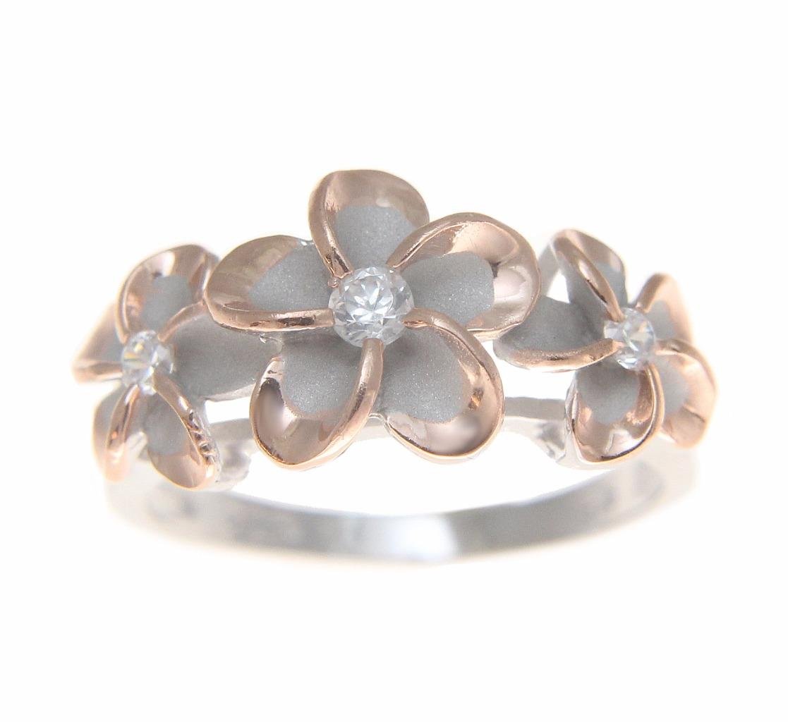 Arthur's Jewelry Sterling silver 925 Hawaiian 3 plumeria flower cz ring rhodium and pink rose gold plated size 8