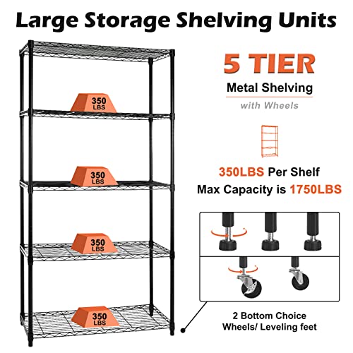 WDT 5-Shelf Shelving Storage Units on Wheels Casters, Adjustable Heavy Duty Metal Shelf Wire Storage Rack for Home Office Garage Kitchen Bathroom Metal Rack (16”Wx36”Dx75”H), Black